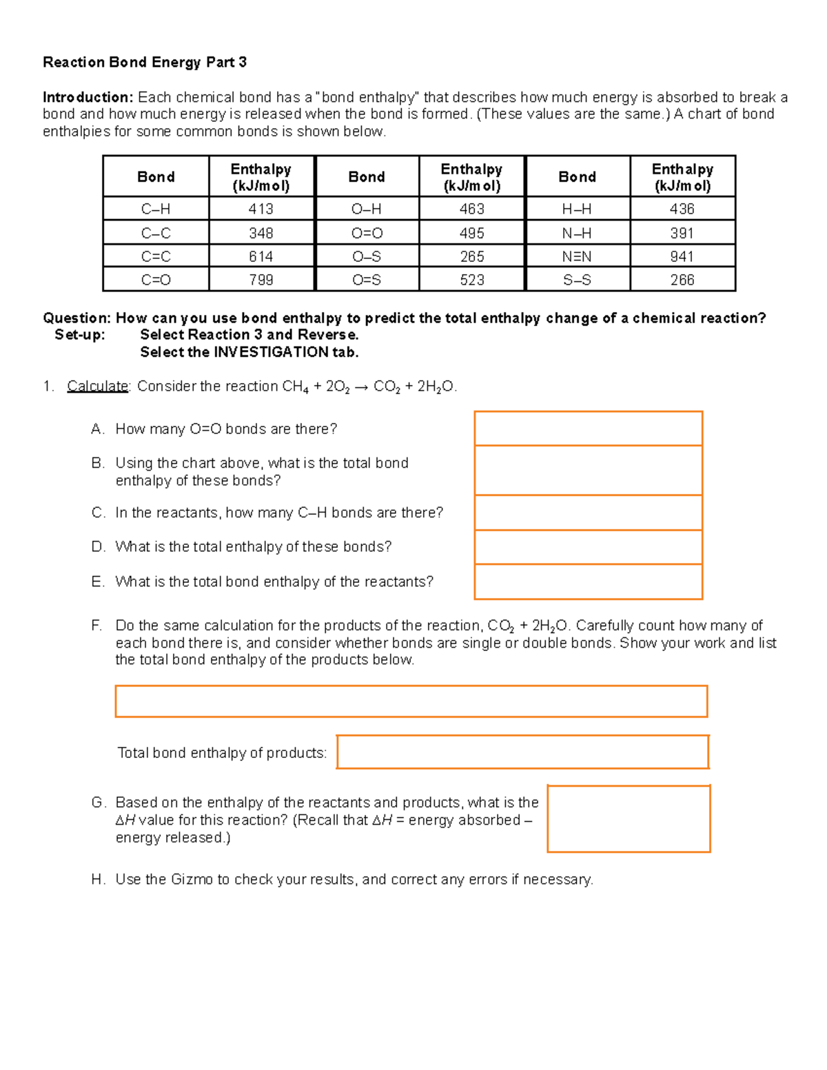 Reaction Bond Energy Part 3 - (These values are the same.) A chart of ...