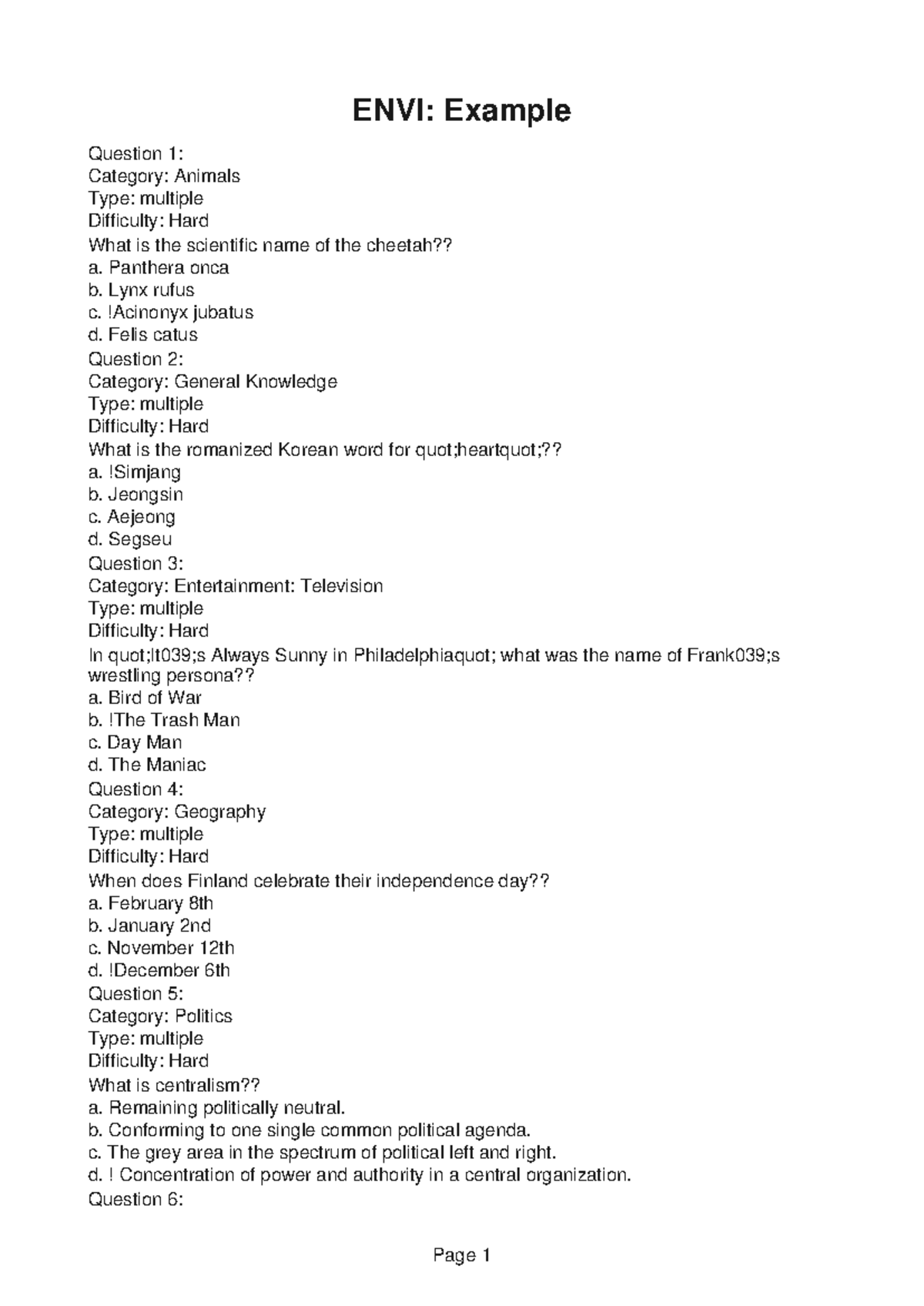 ENVI318 Assessment 9 - ENVI: Example Question 1: Category: Animals Type ...