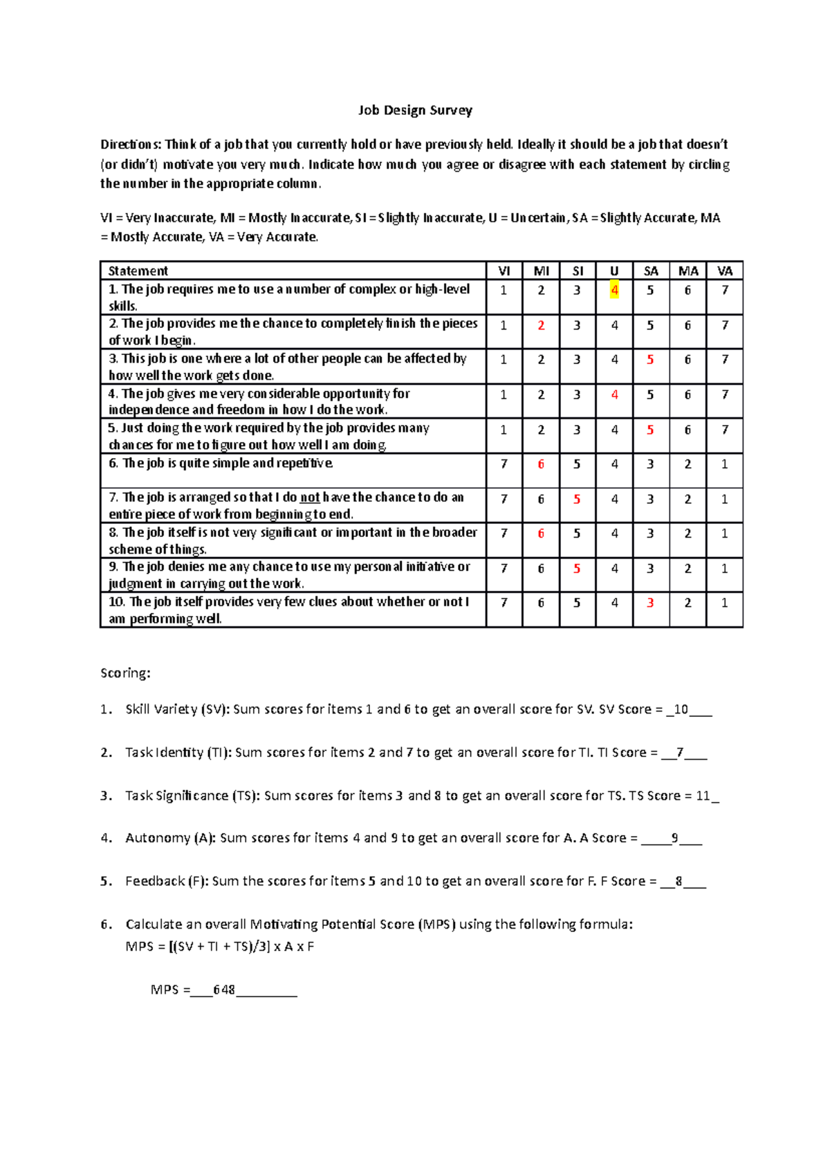 W4-Job Design Survey - NOTES - Job Design Survey Directions: Think of a ...
