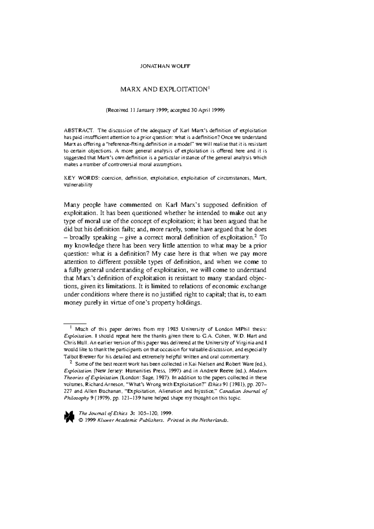 Jonathan wolff - JONATHAN WOLFF MARX AND EXPLOITATION 1 (Received 11 ...
