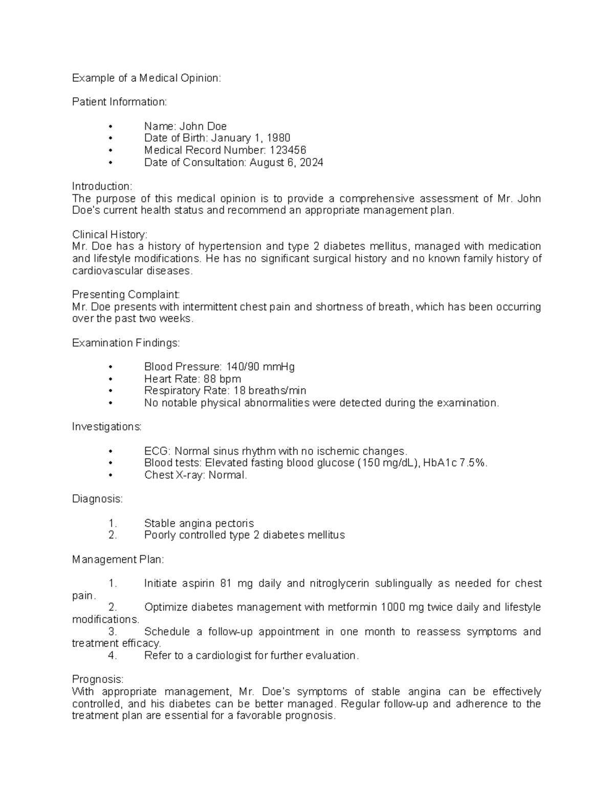 John Doe - Pharmacology - Example of a Medical Opinion: Patient ...