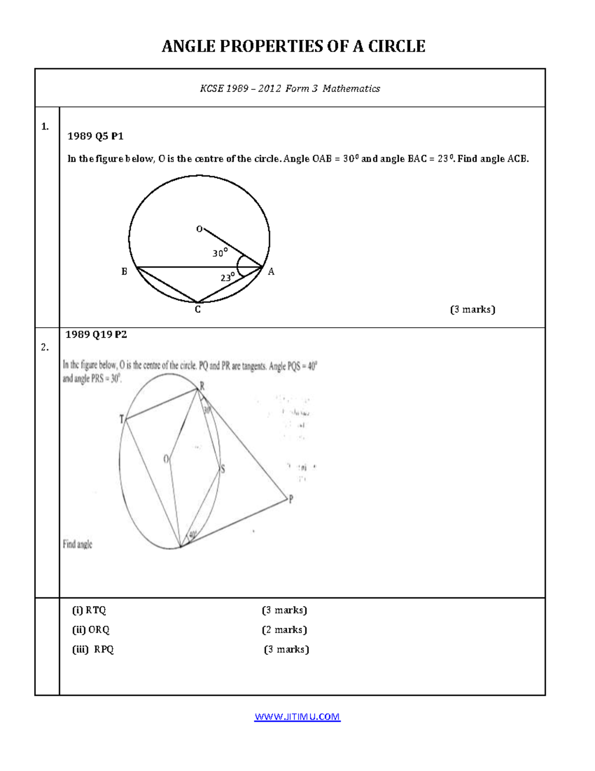 Class 123456789 - ANGLE PROPERTIES OF A CIRCLE KCSE 1989 – 2012 Form 3 ...