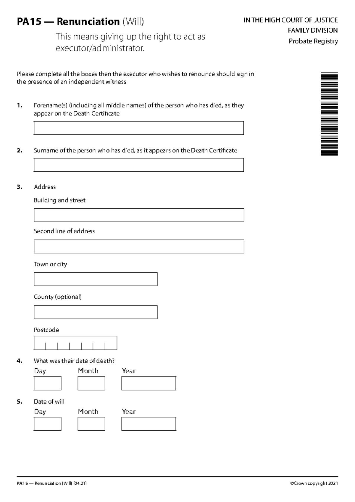 PA15 - Probate Form - Please complete all the boxes then the executor ...