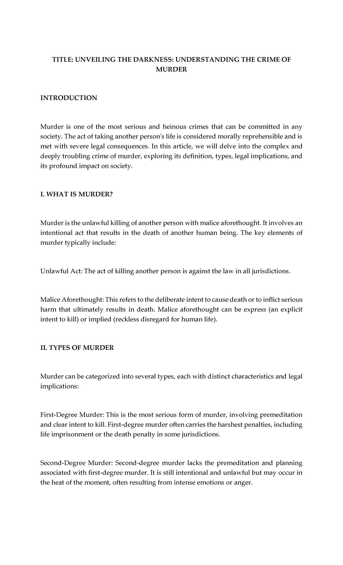 Understanding THE Crime OF Murder - TITLE: UNVEILING THE DARKNESS ...