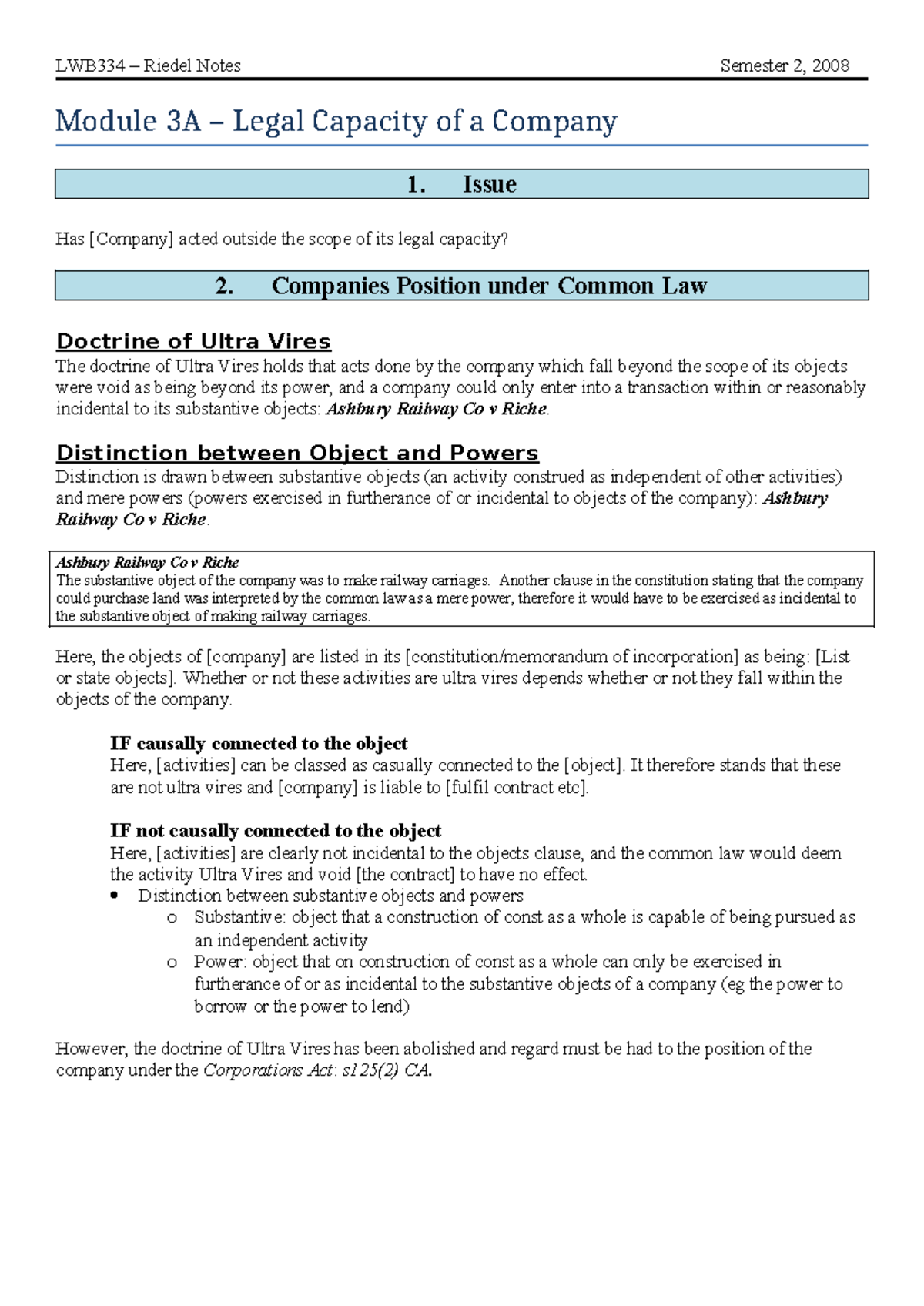 Module 3B (Wk 2) - Legal Capacity of a Company - Module 3A – Legal Capacity of a Company 1 ...