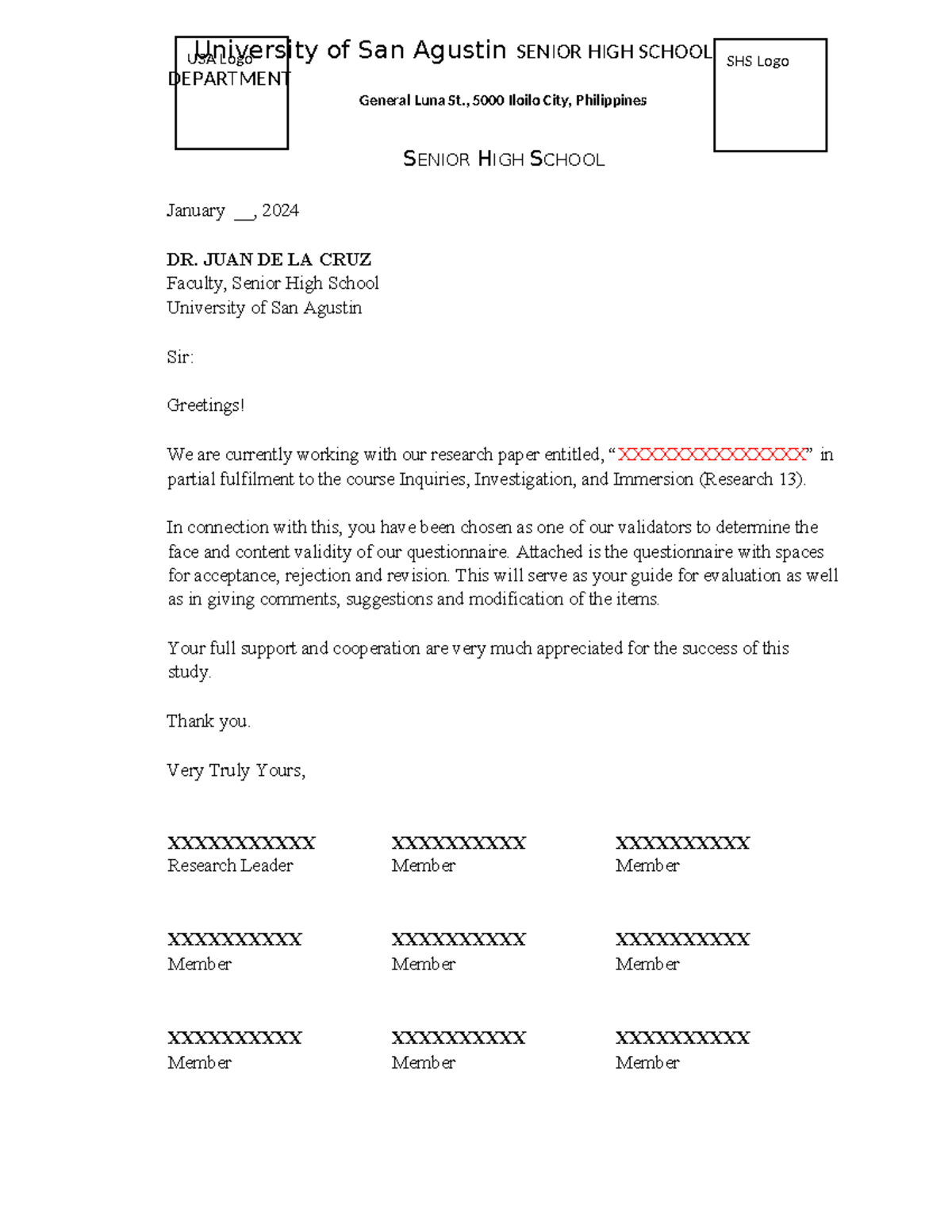 Letter with Validation Criteria 1 - DEPARTMENT General Luna St., 5000 ...