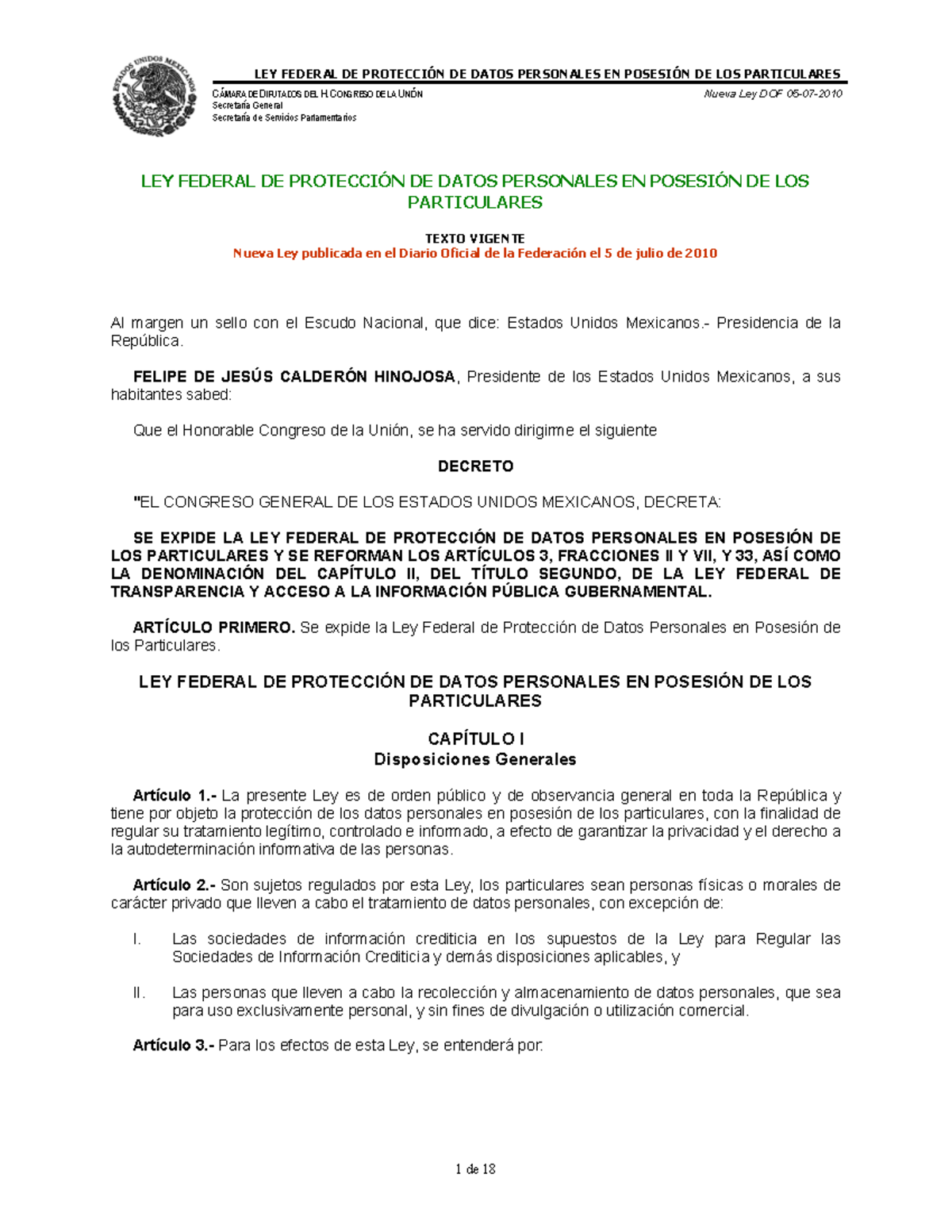 Ley Federal de Protección de Datos Personales en Posesión de los ...