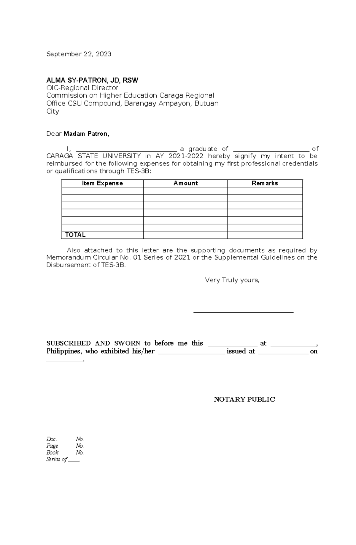 Refund Graduate TES Template Notarized Letter of Intent to be ...