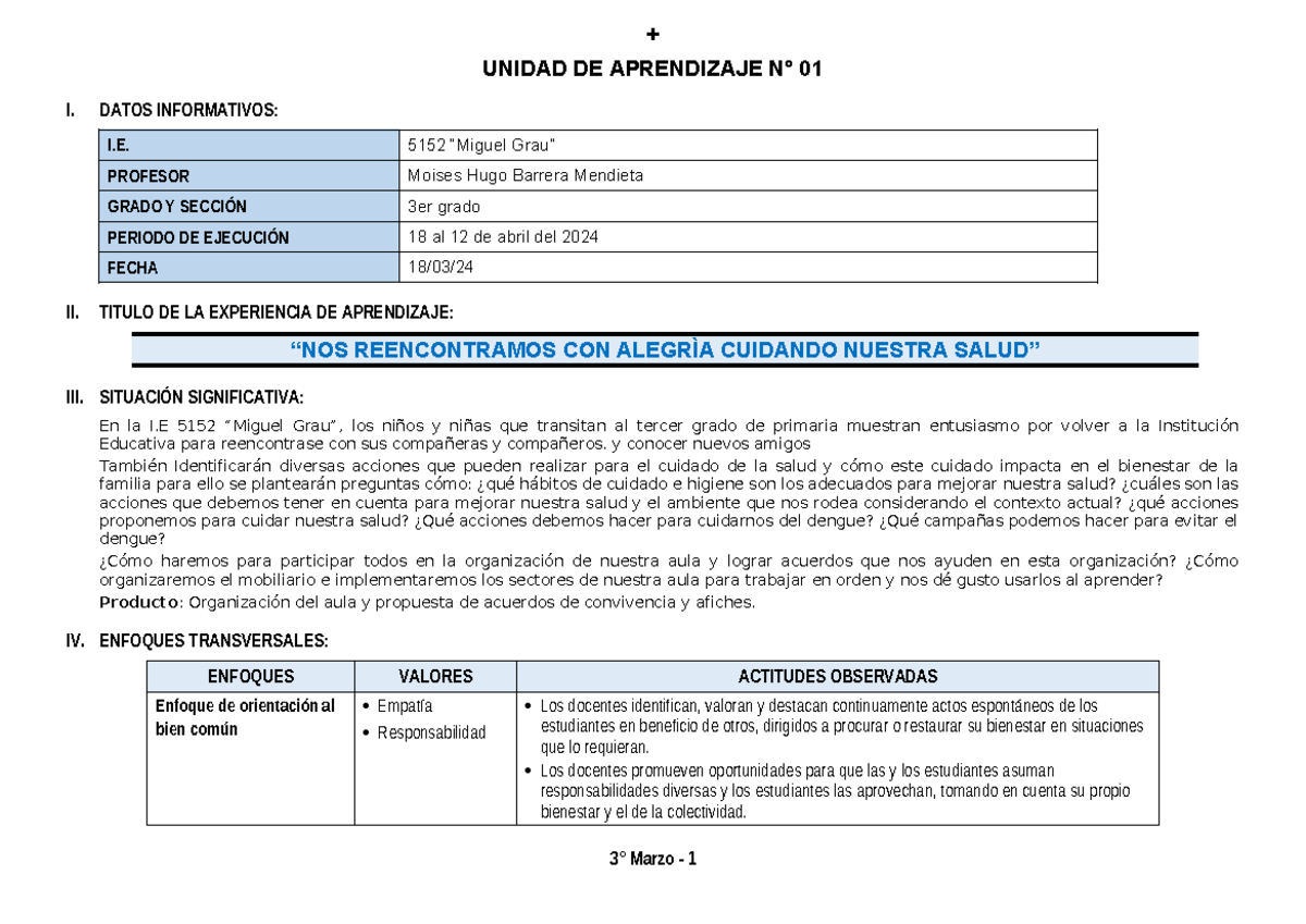 3º Grado - Unidad DE Aprendizaje N°01 - + UNIDAD DE APRENDIZAJE N° 01 I. DATOS INFORMATIVOS: I ...