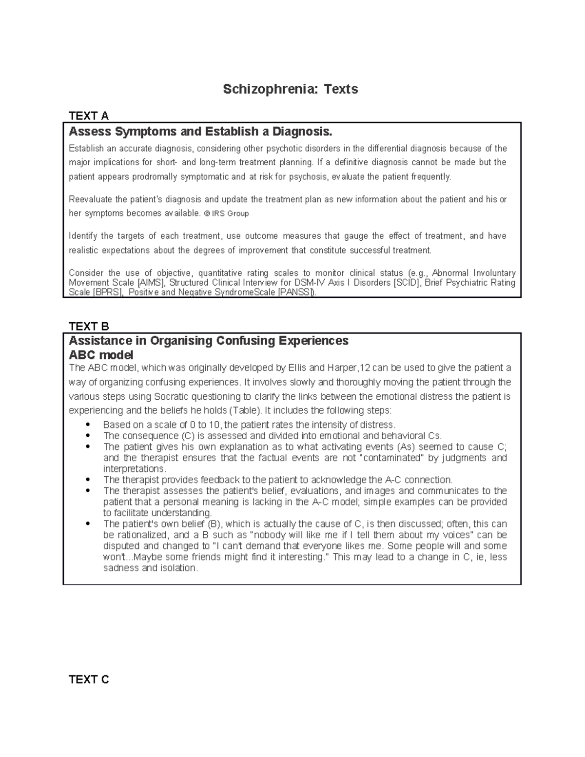 Schizophrenia - PART A - can be helpful. - Schizophrenia: Texts TEXT A ...