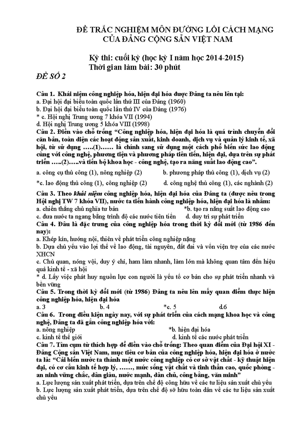 TN Duong loi Dcsvn Cuoi ky - ĐỀ TRẮC NGHIỆM MÔN ĐƯỜNG LỐI CÁCH MẠNG CỦA ...