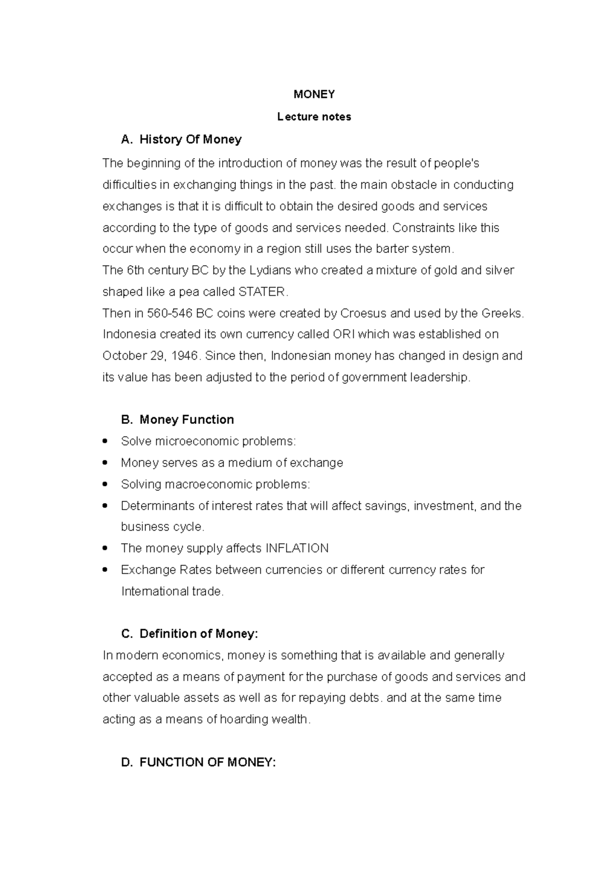 History of Money - MONEY Lecture notes A. History Of Money The ...