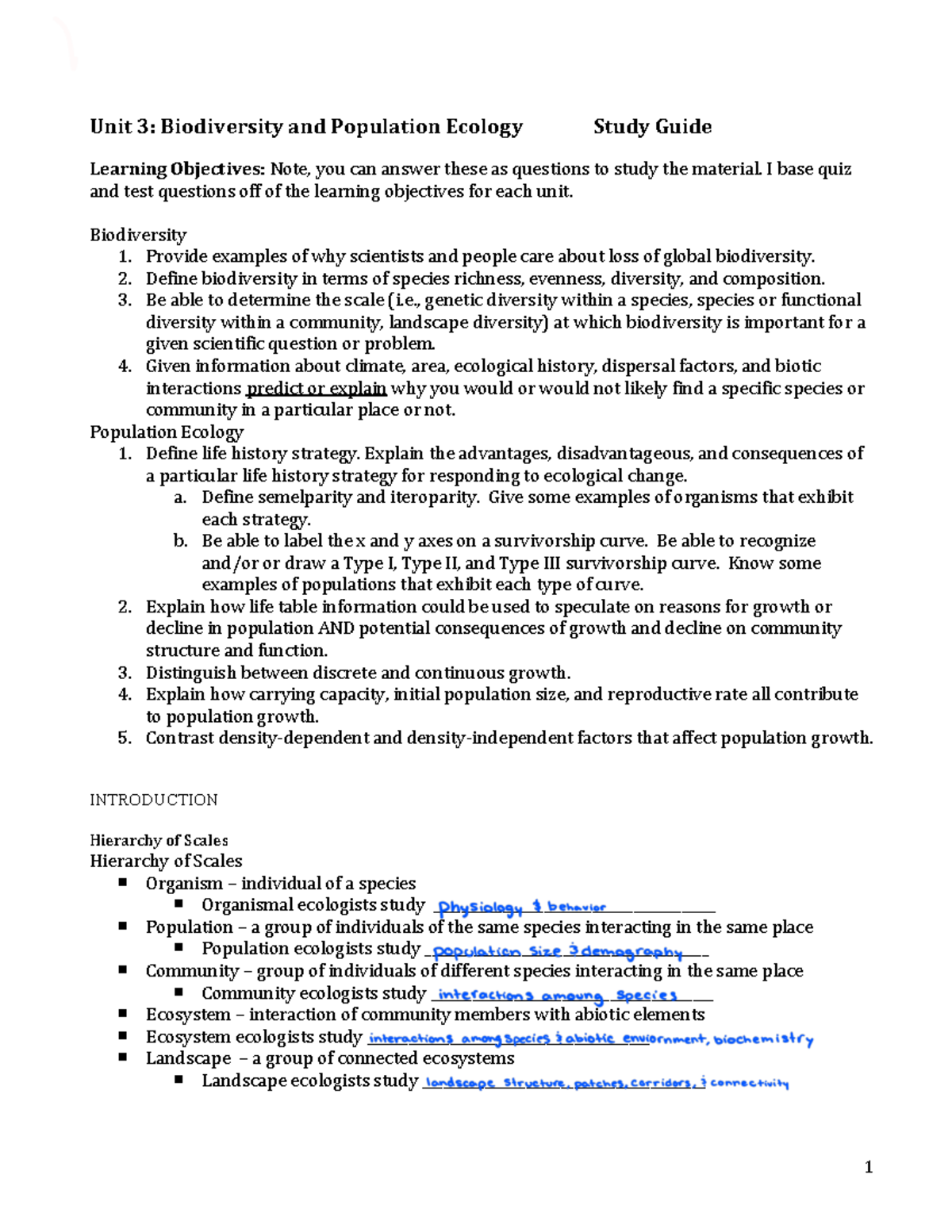 Biodiversity and Population Ecology Study Guide - Studocu