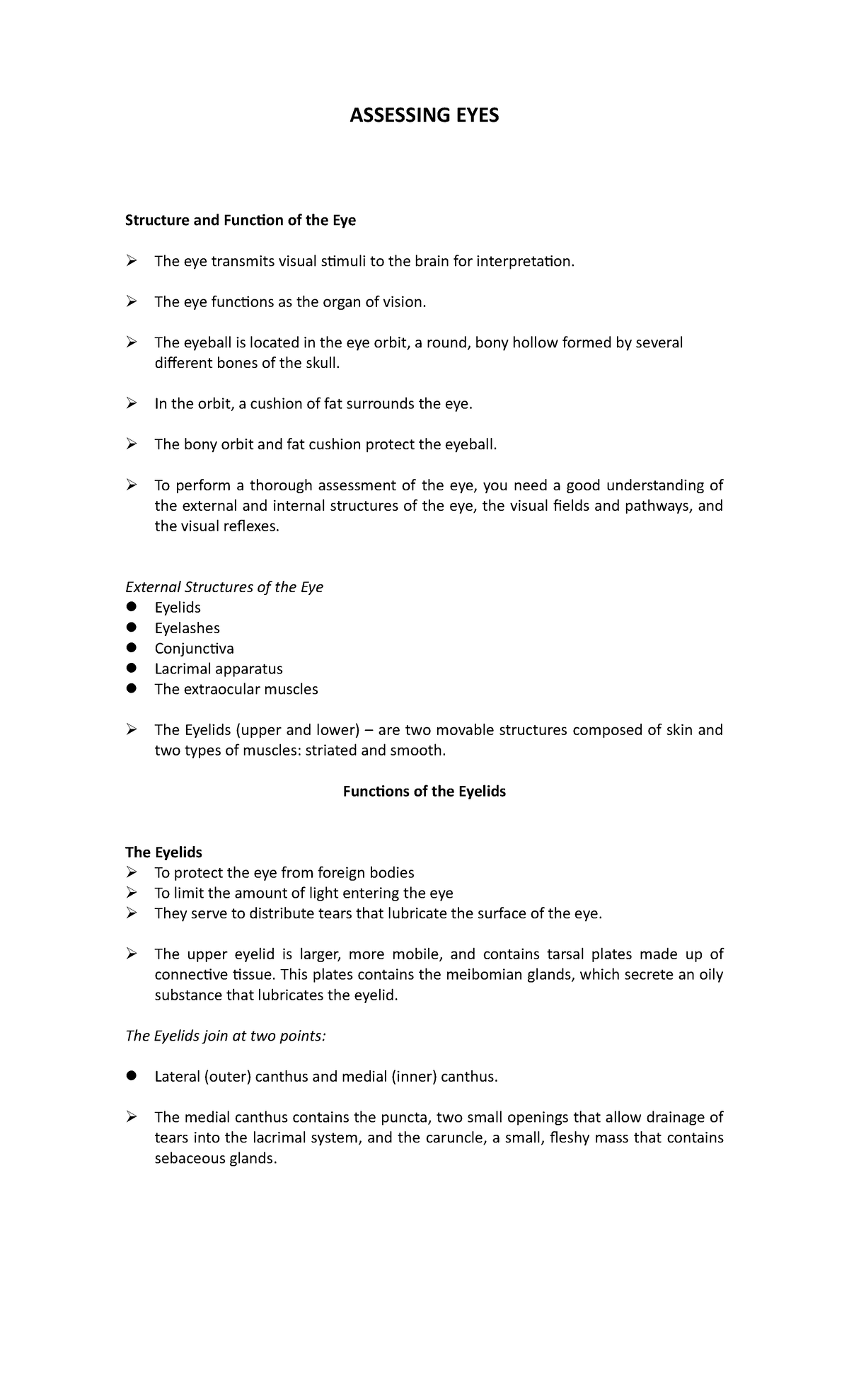 Assessing EYES - study notes - ASSESSING EYES Structure and Function of ...