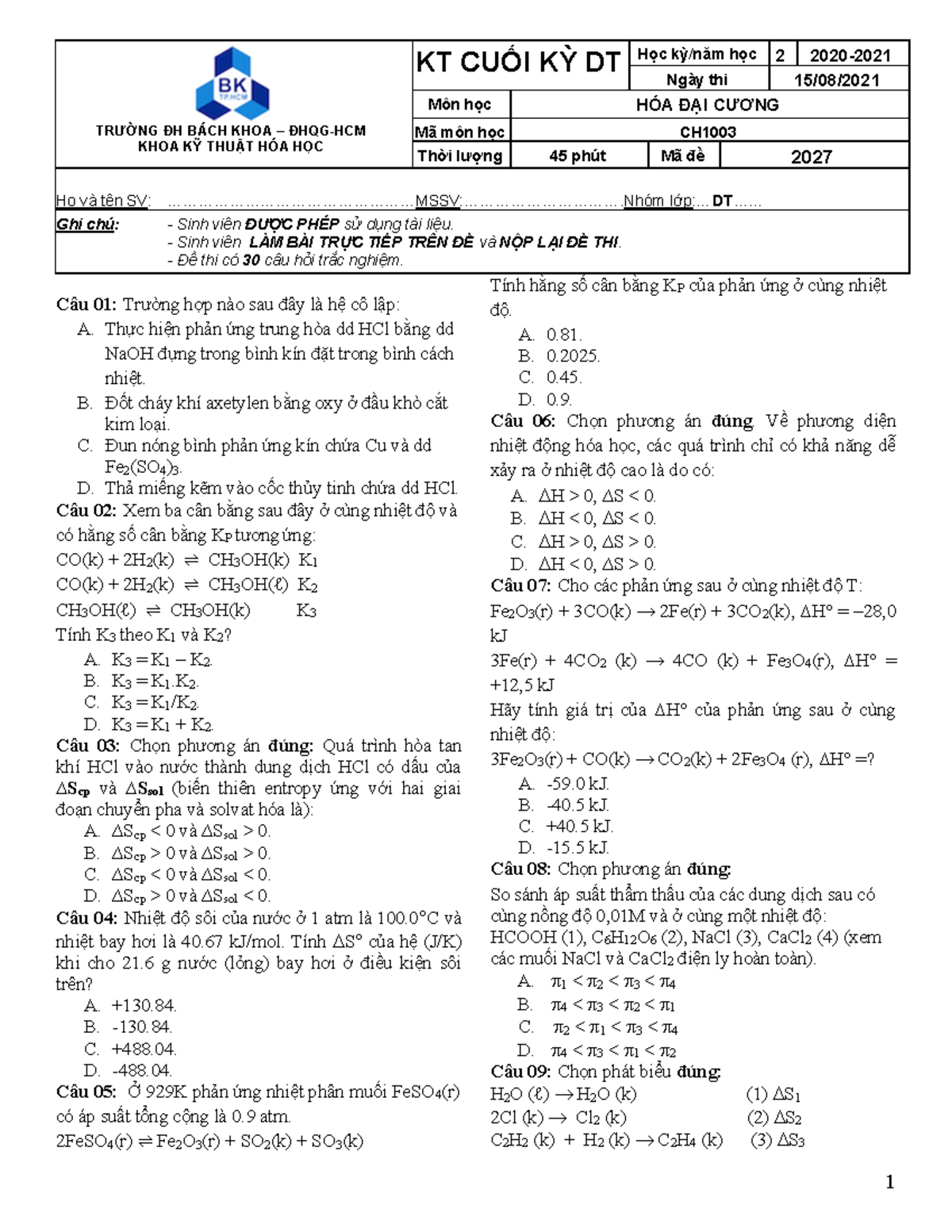 HDC CK DT202 - đề ck - TRƯỜNG ĐH BÁCH KHOA – ĐHQG-HCM KHOA KỸ THUẬT HÓA HỌC KT CUỐI KỲ DT Học kỳ ...