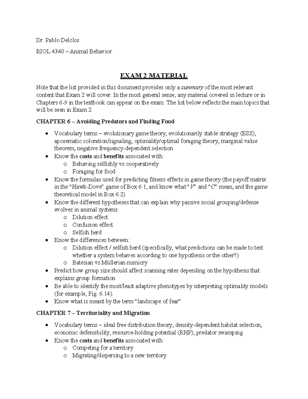 Exam 2 Study Guide BIOL4340 S24 - Dr. Pablo Delclos BIOL 4340 – Animal ...