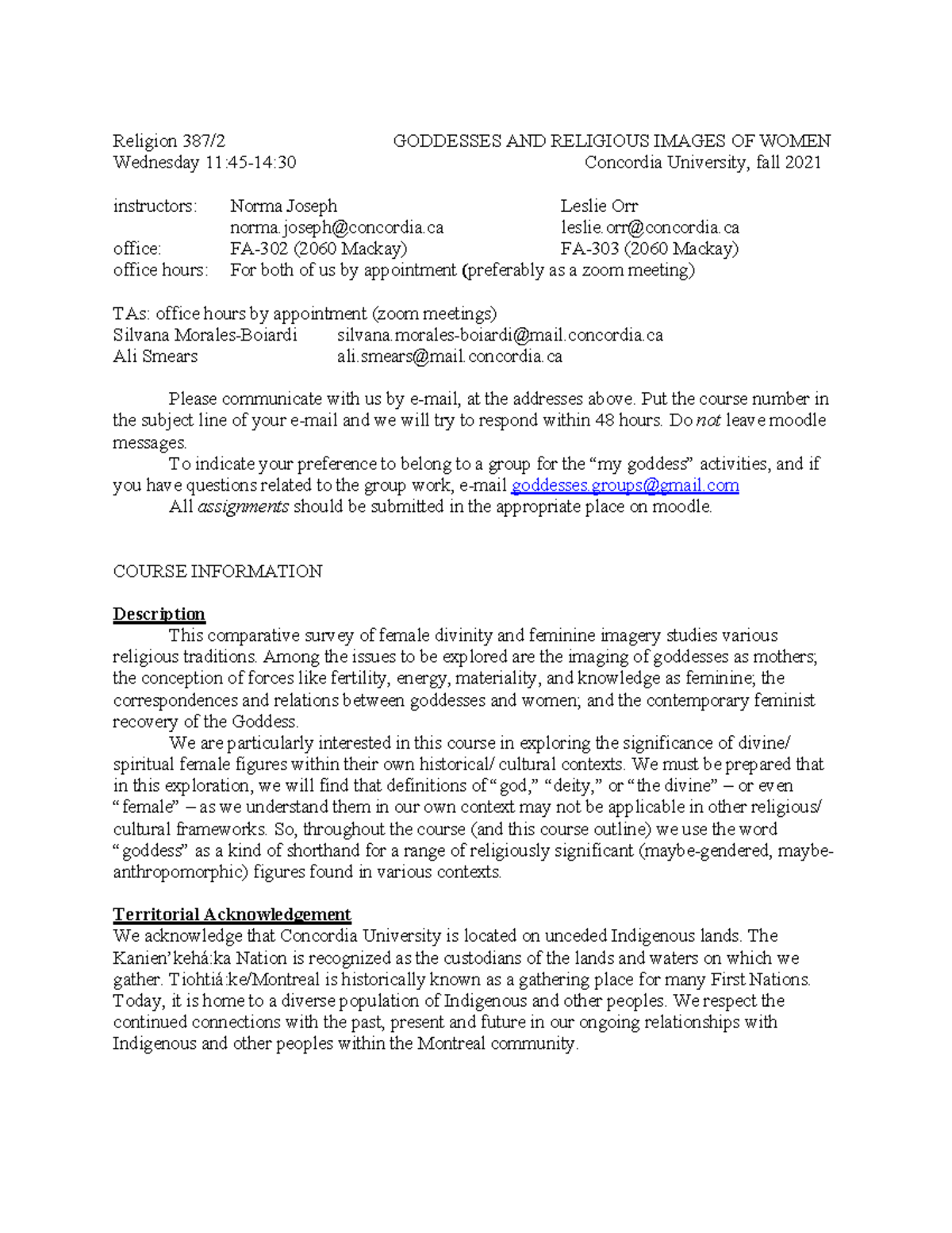 387 course outline 2021 - Religion 387/2 GODDESSES AND RELIGIOUS IMAGES ...
