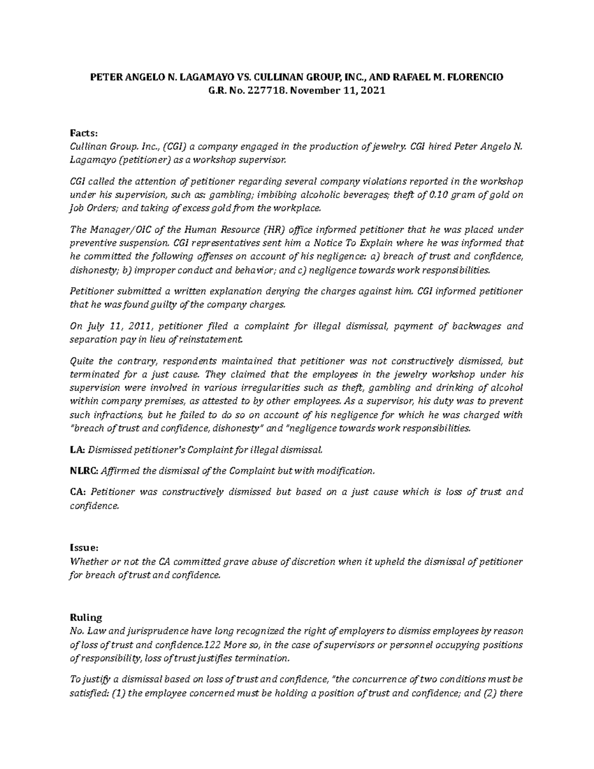 Lagamayo vs Cullinan Group Inc - PETER ANGELO N. LAGAMAYO VS. CULLINAN ...