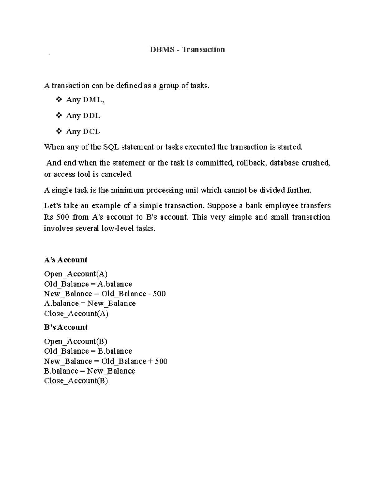 Chapter 5 - DBMS - Transaction A transaction can be defined as a group ...