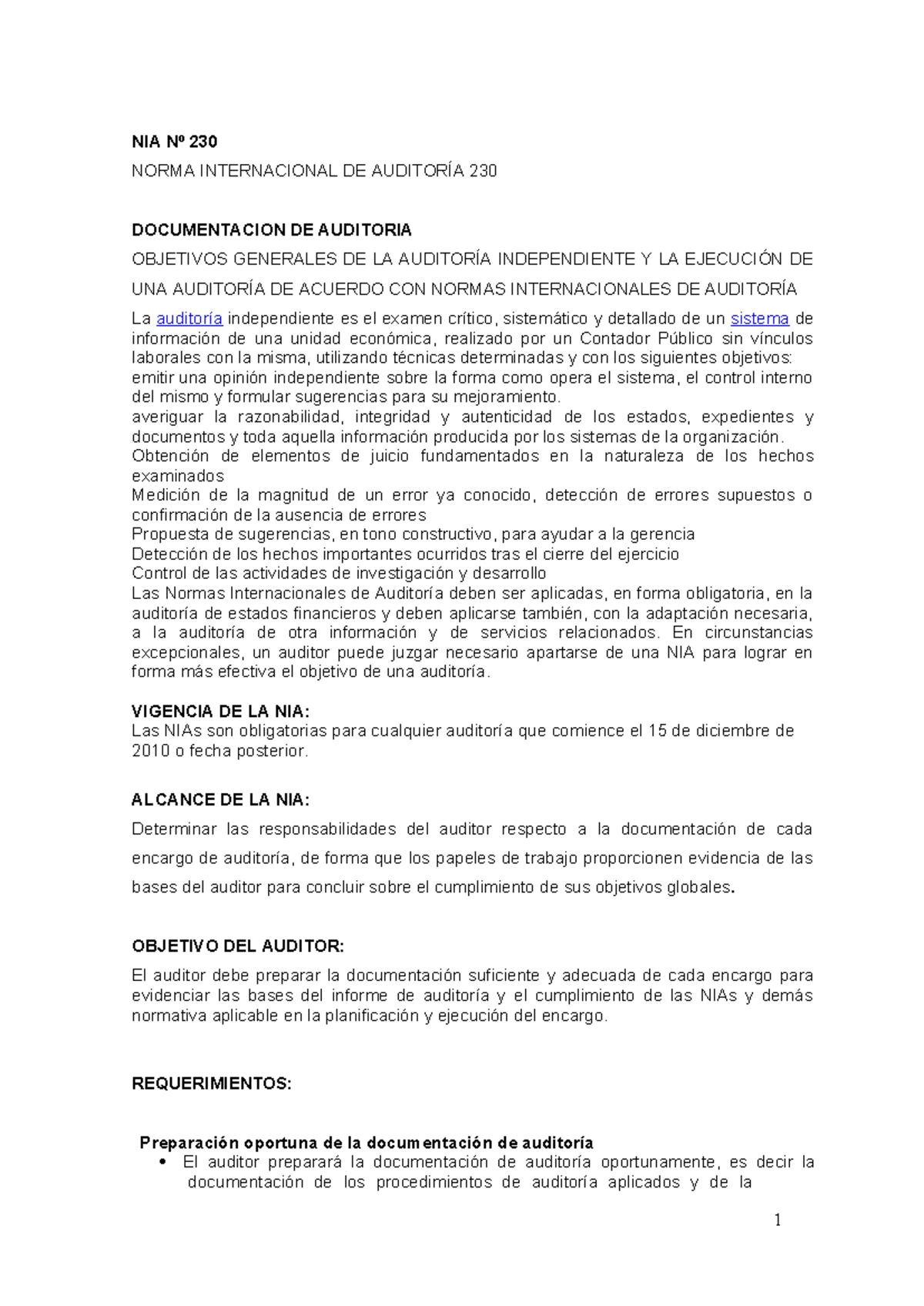 NIA 230 Resumen - NIA Nº 230 NORMA INTERNACIONAL DE AUDITORÍA 230 ...