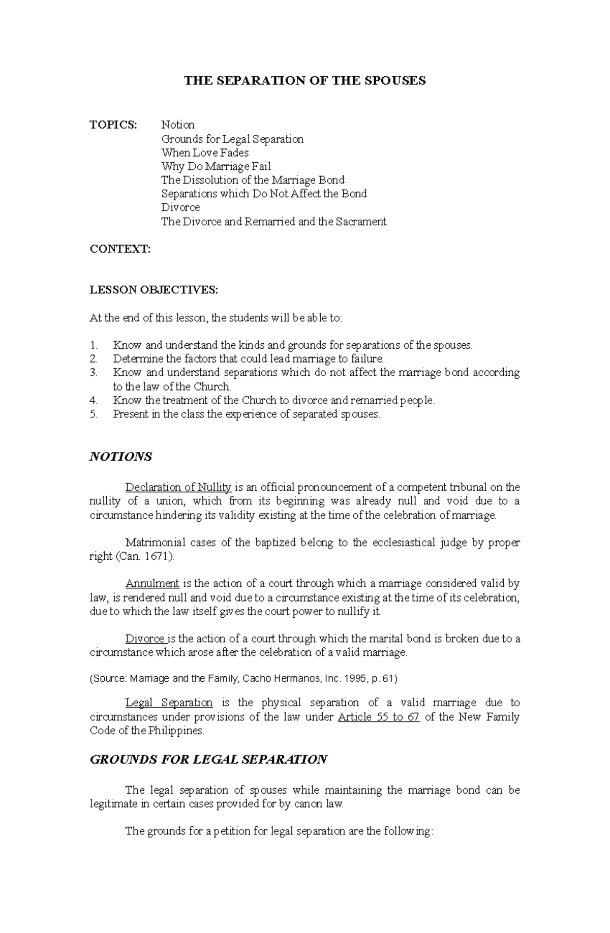 The Separation of the Spouses - THE SEPARATION OF THE SPOUSES TOPICS ...