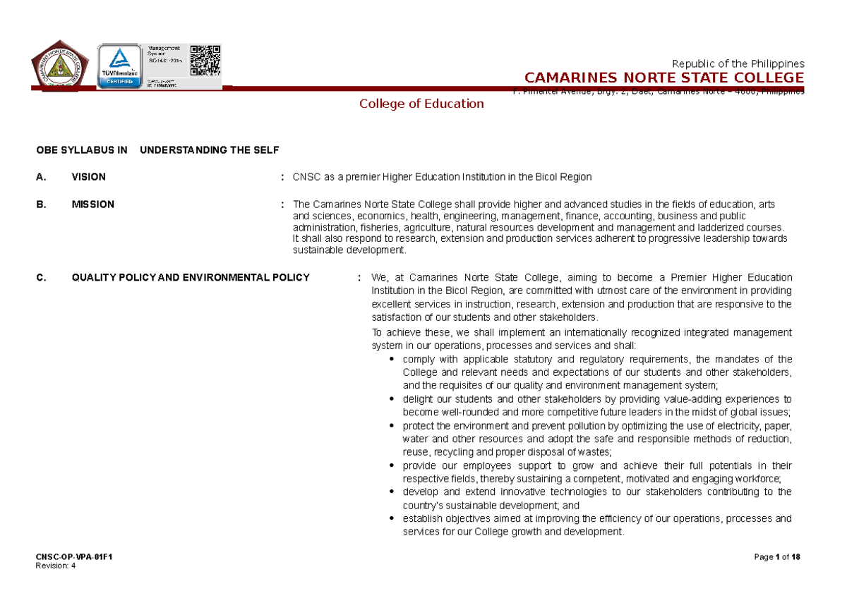 Inbound 2063611260161674903 - OBE SYLLABUS IN UNDERSTANDING THE SELF A ...