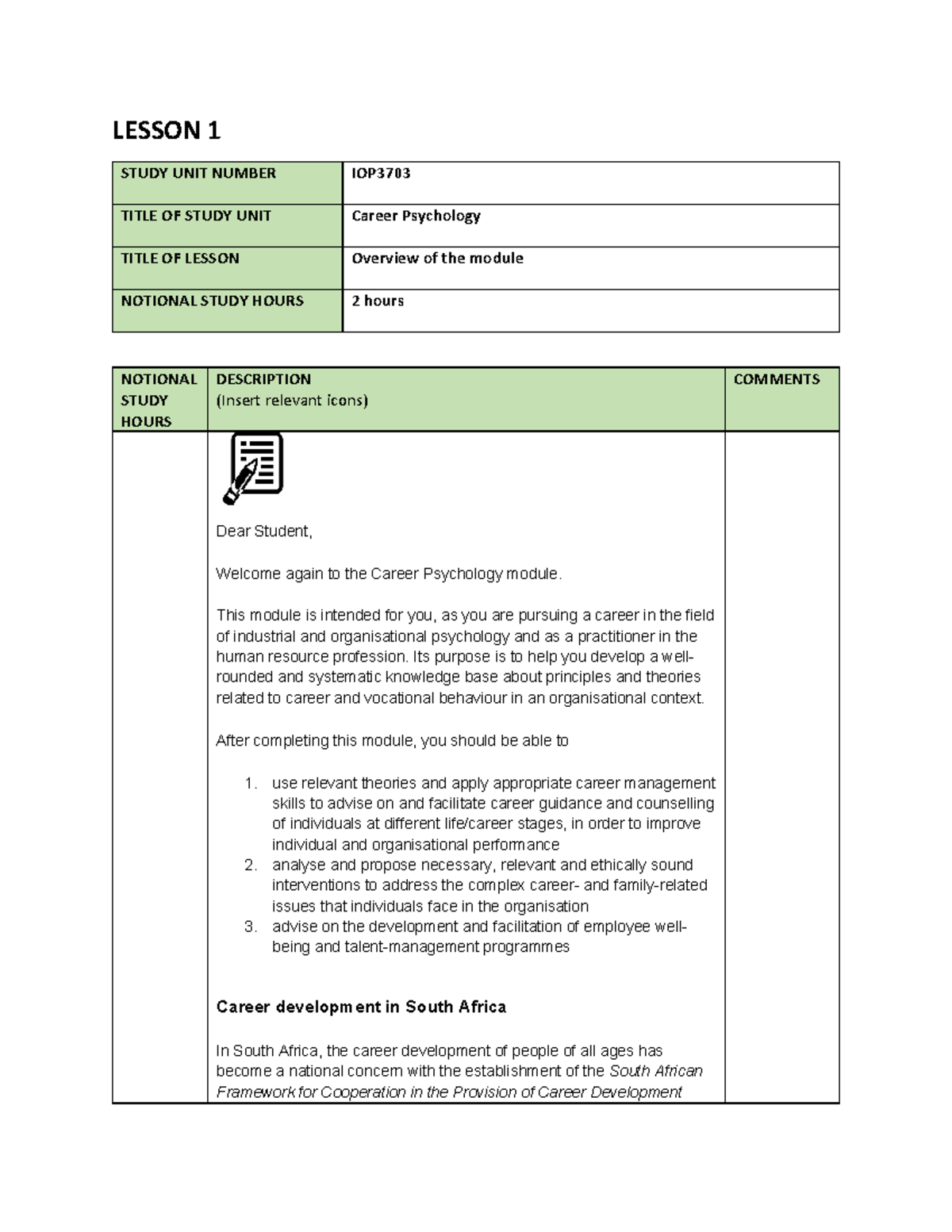 IOP3703 Lesson 1 the first lesson - LESSON 1 STUDY UNIT NUMBER IOP ...