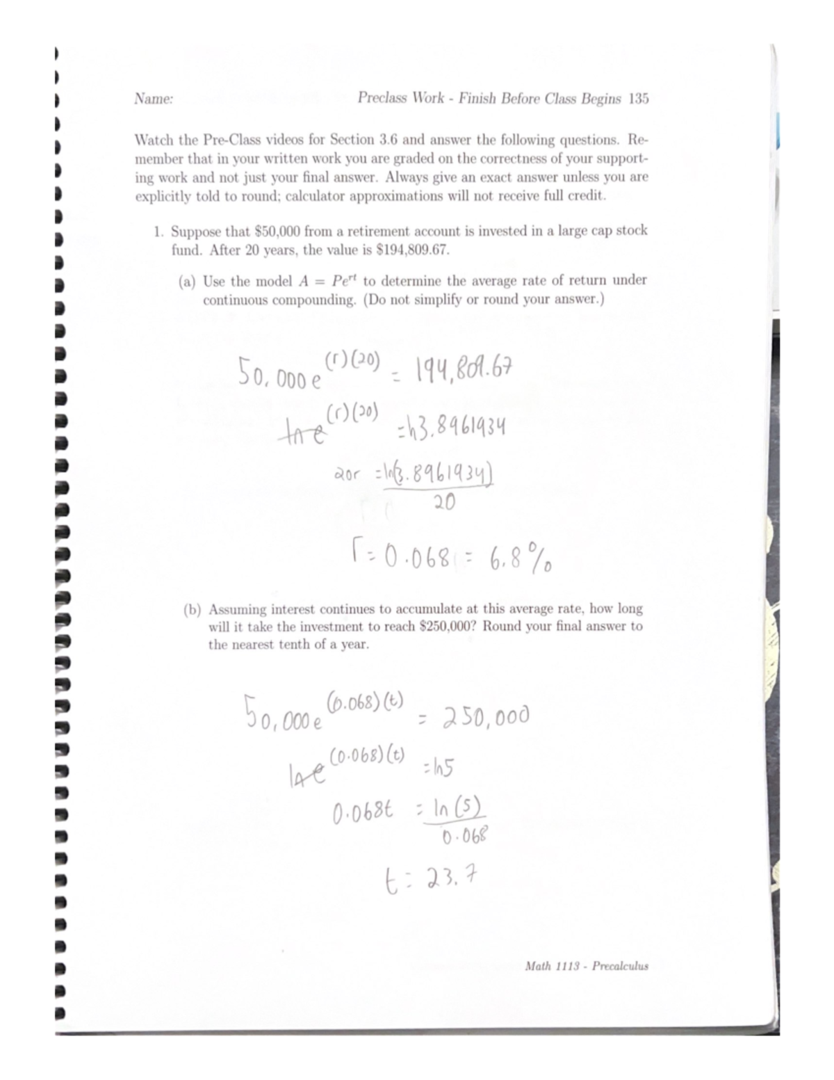 Preclass Work - Finish Before Class Begins 135 - MATH 1113E - Studocu