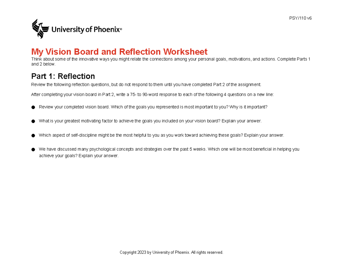 Psy110 v6 wk5 my vision board and reflection worksheet - PSY/110 v My ...