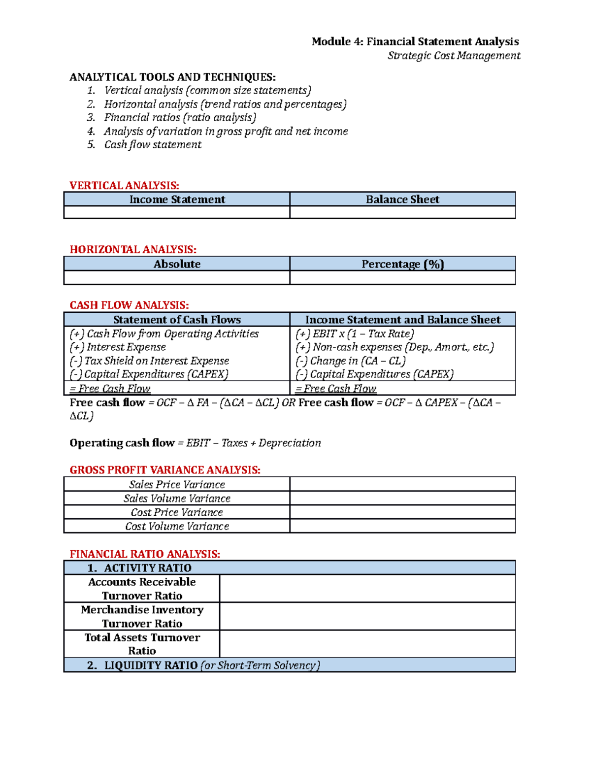 Formula - SCM Financial Statement Analysus - Strategic Cost Management ...