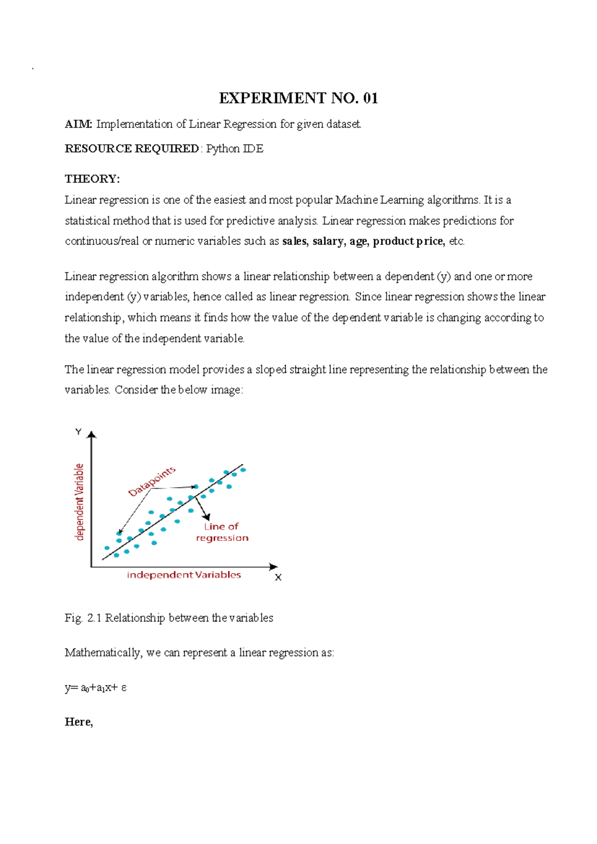 Lab Manual Machine Learning - EXPERIMENT NO. 01 AIM: Implementation of Linear Regression for ...