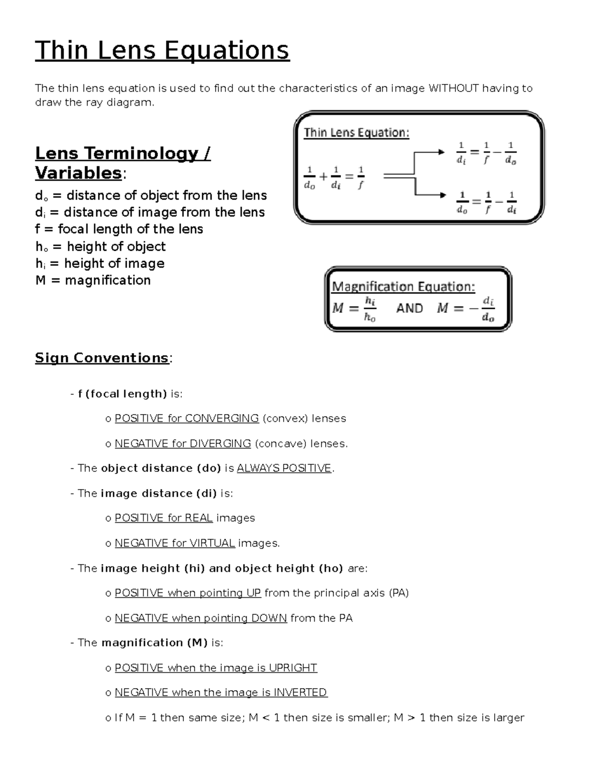 2D Thin Lens Equation (note) - Thin Lens Equations The thin lens ...