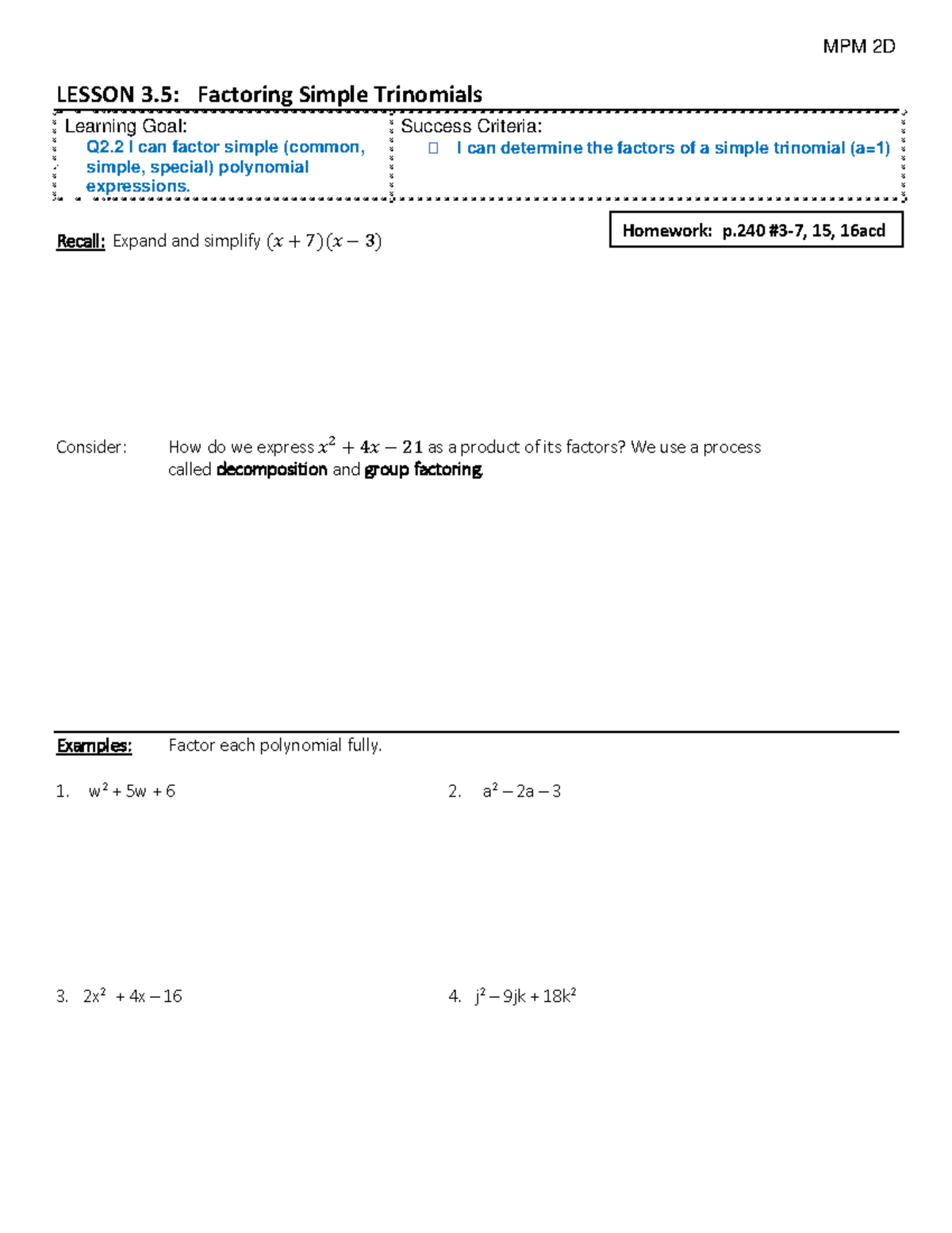 3.5 Factoring Simple Trinomials - MPM 2D LESSON 3: Factoring Simple ...