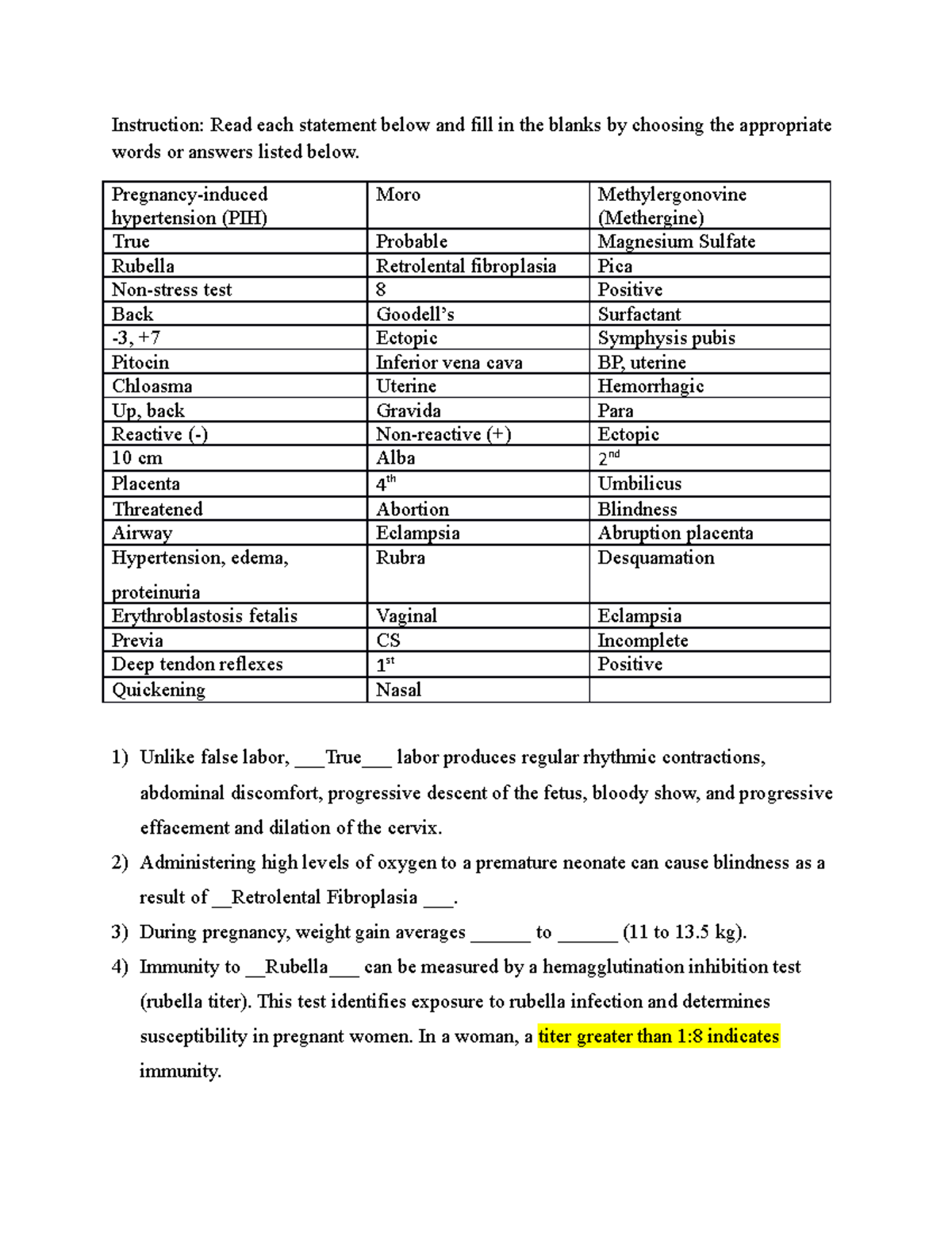 MCN Fill in the Blanks - NGN - Instruction: Read each statement below and fill in the blanks by ...