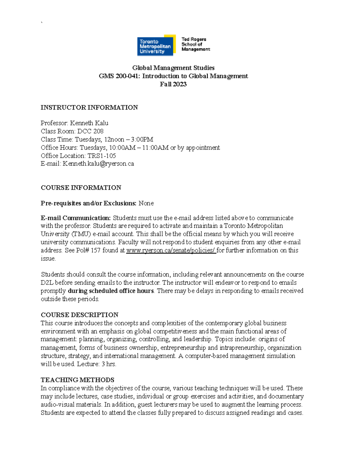 Course outline gms 200 - ` Global Management Studies GMS 200-041 ...