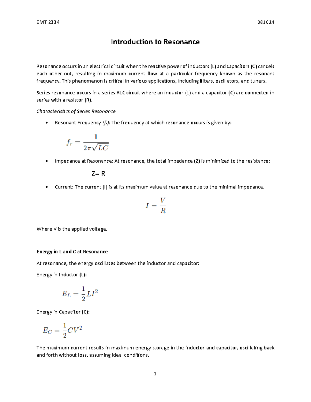 Resonance - Notes - EMT 2334 081024 1 Introduction to Resonance ...