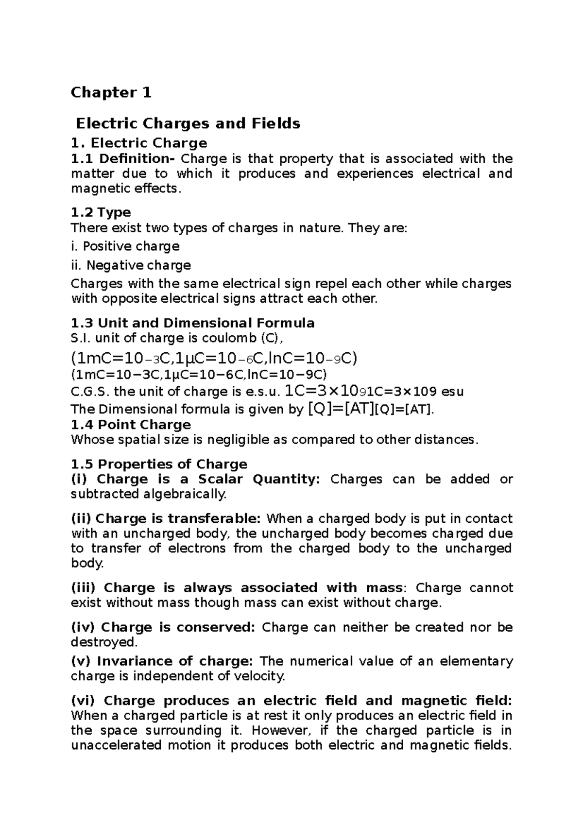 Chapter 1– Electric Charges and Fields - Electric Charge 1 Definition ...