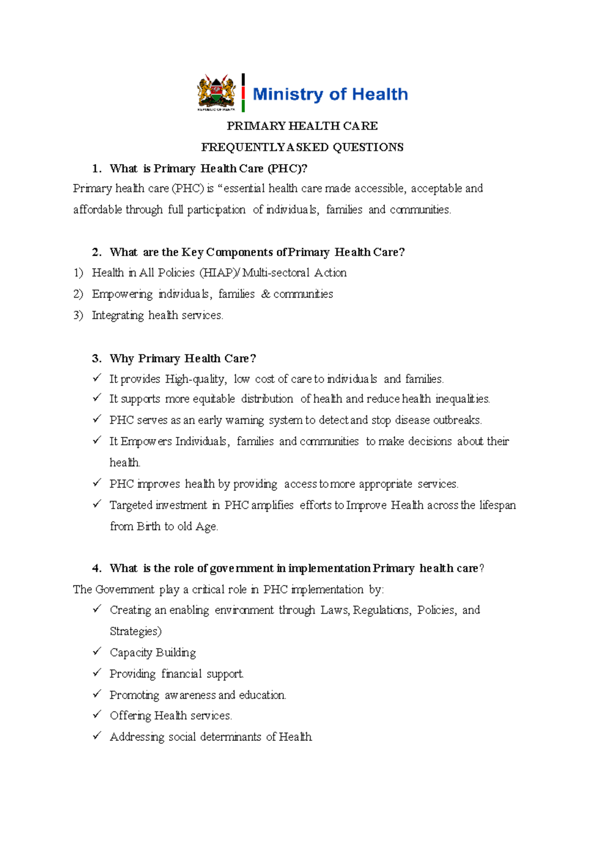 Primary Health CARE Awareness FAQS 4 - PRIMARY HEALTH CARE FREQUENTLY ...