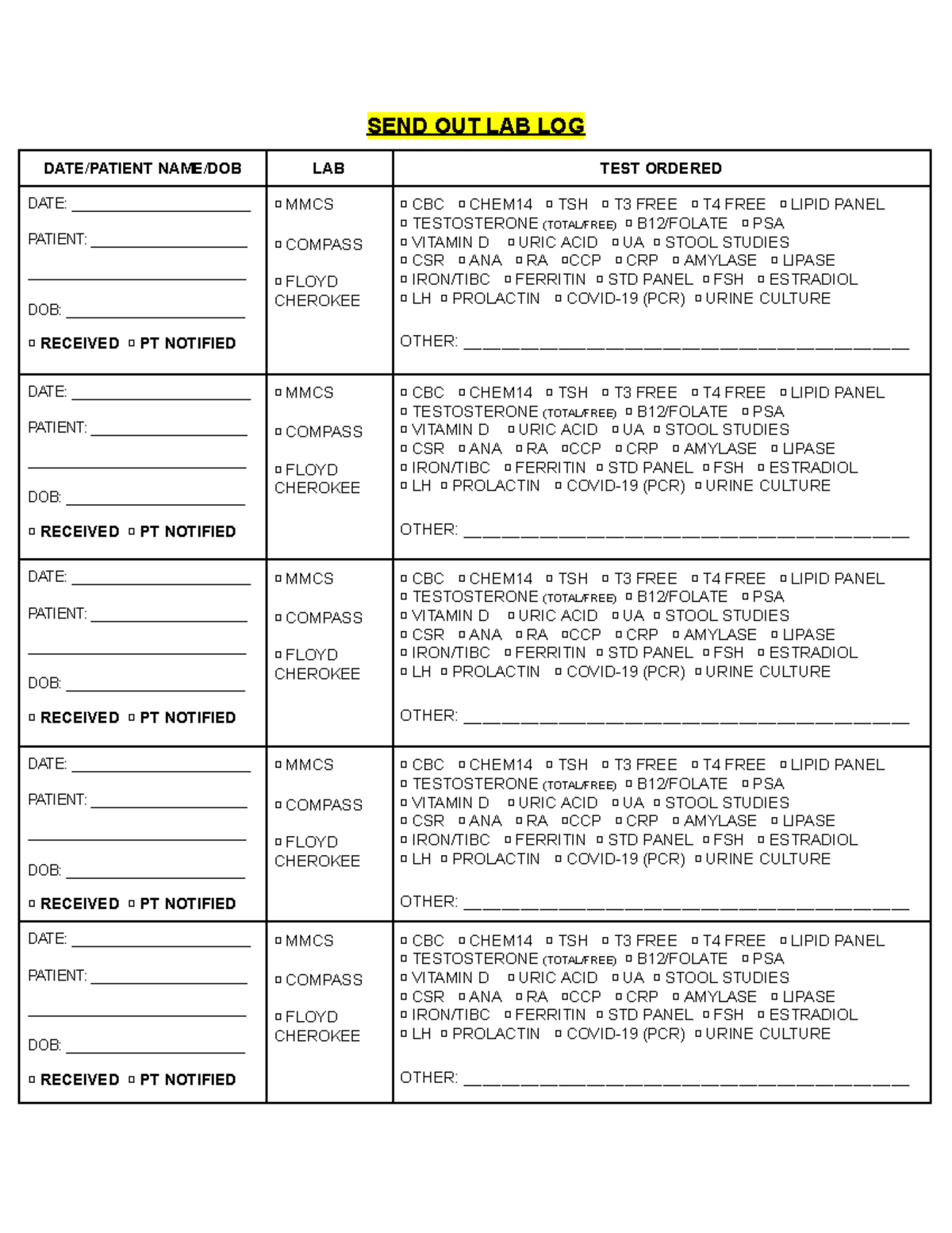 Copy of Lab Log - SEND OUT LAB LOG DATE/PATIENT NAME/DOB LAB TEST ...