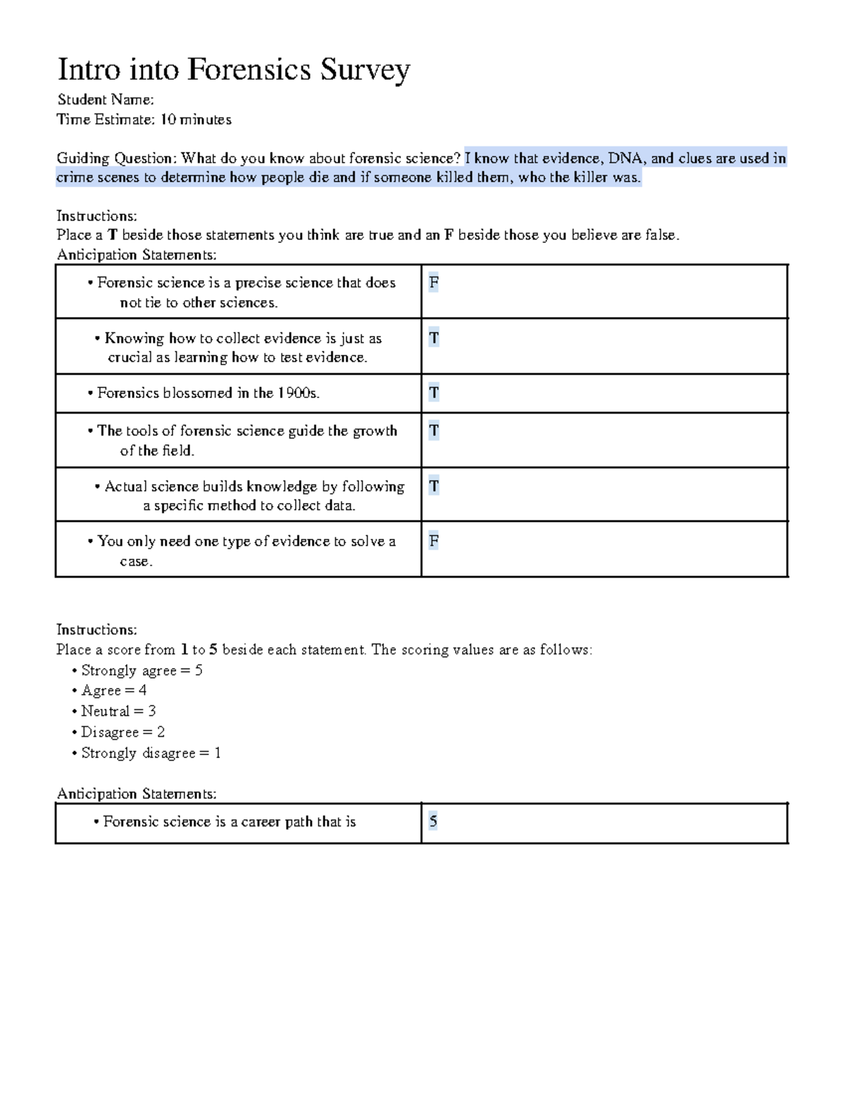 Forensic science survey completed - Intro into Forensics Survey Student ...