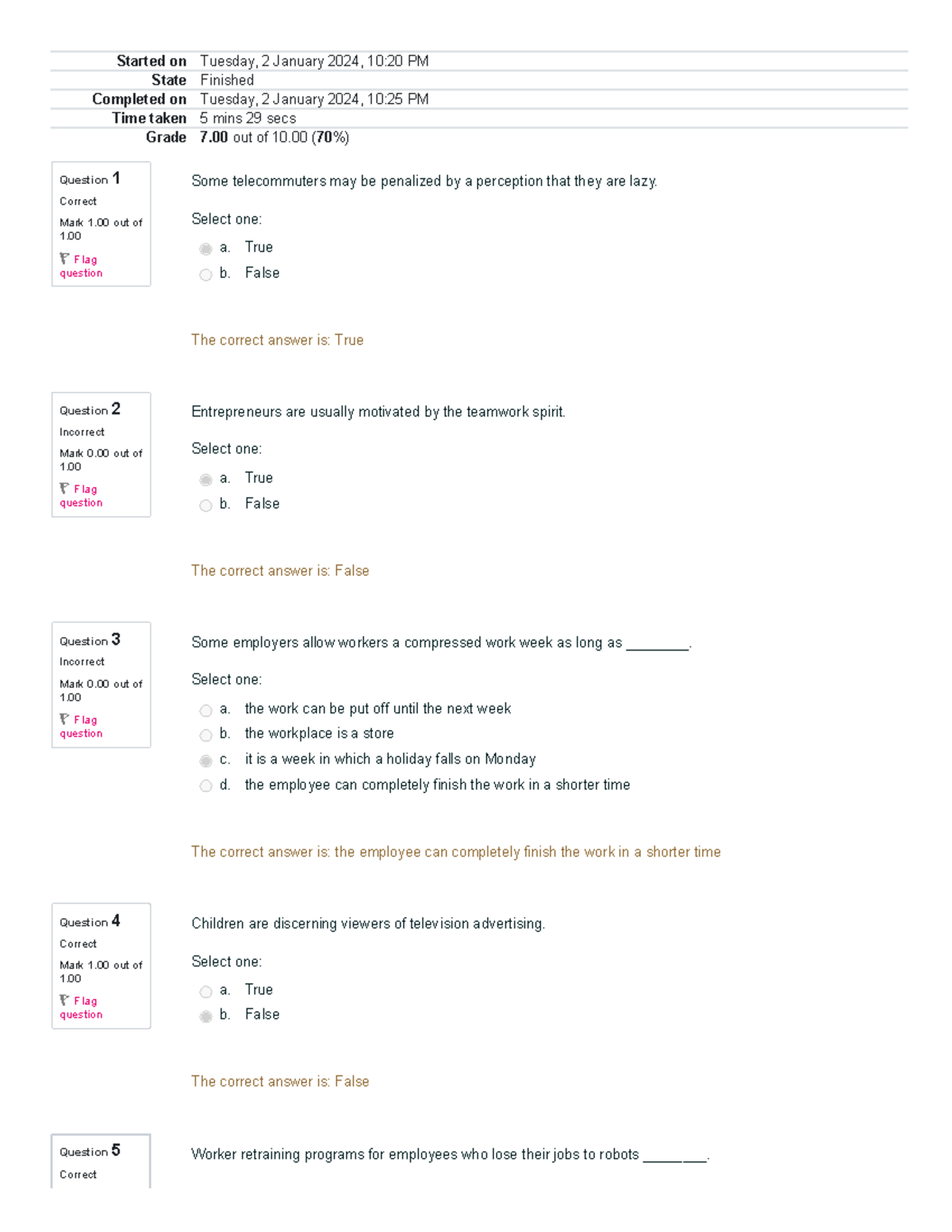 Self-Quiz Unit 7 Attempt review Home - Question 1 Correct Mark 1 out of ...