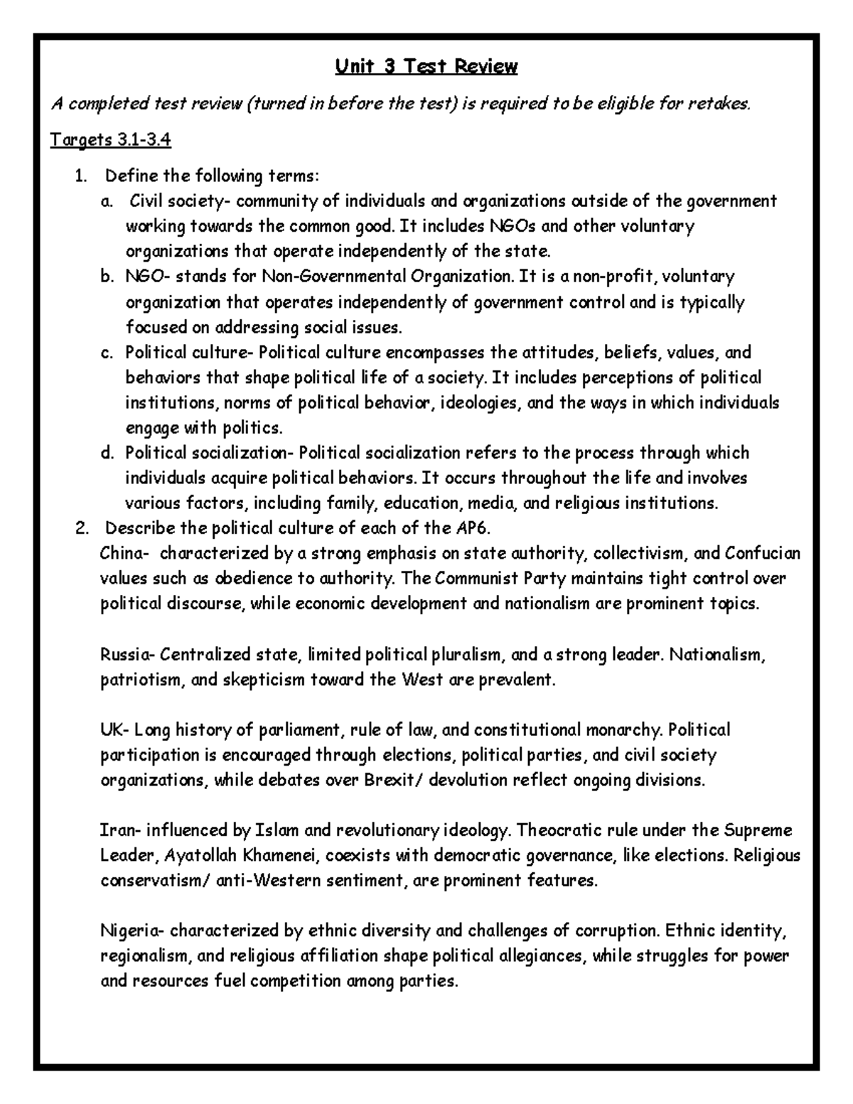 AP unit 3 review sheet-1 - Unit 3 Test Review A completed test review ...