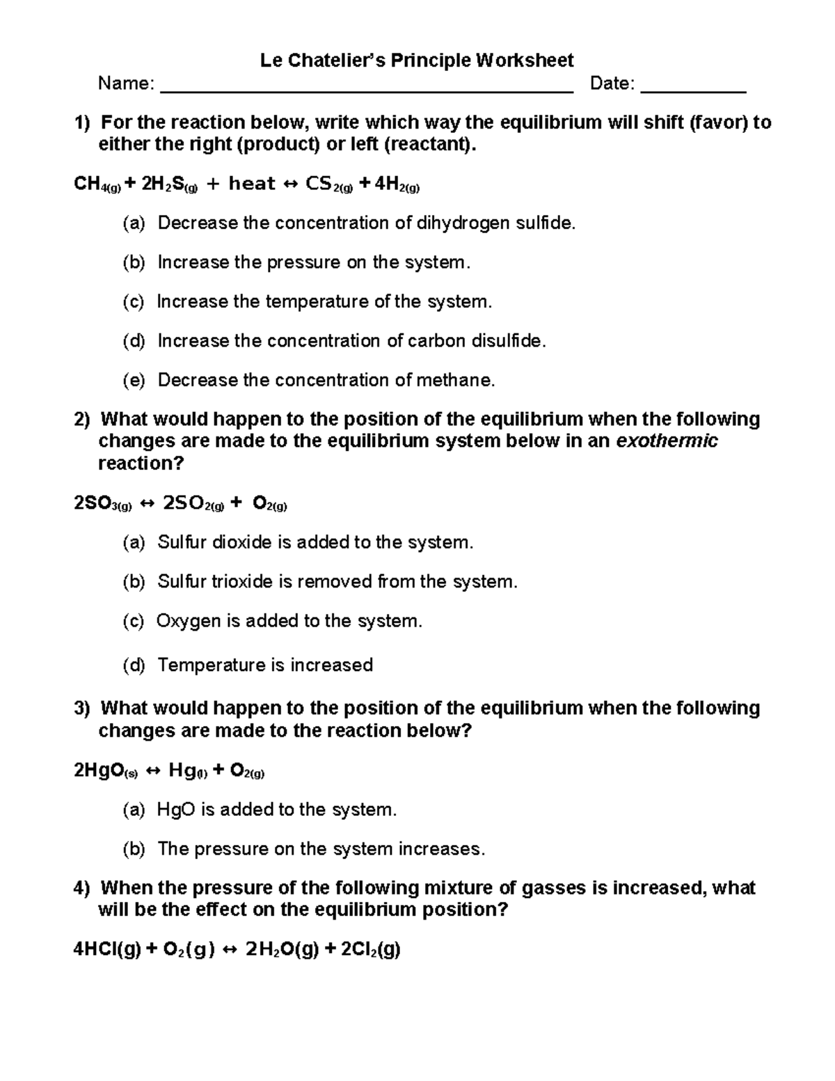 Vibhav Chauhan - Le Chatelier’s Principle Worksheet - Student - Le ...