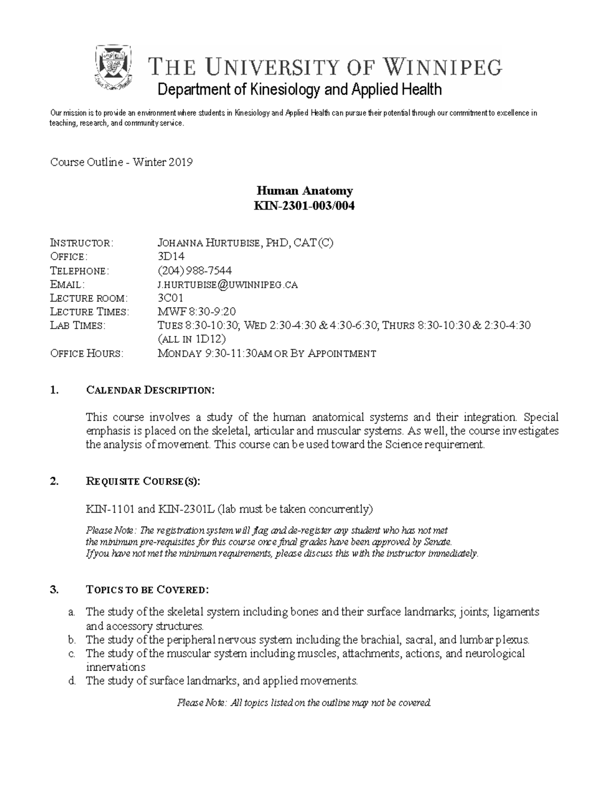 Human Anatomy Course Outline - Department of Kinesiology and Applied ...