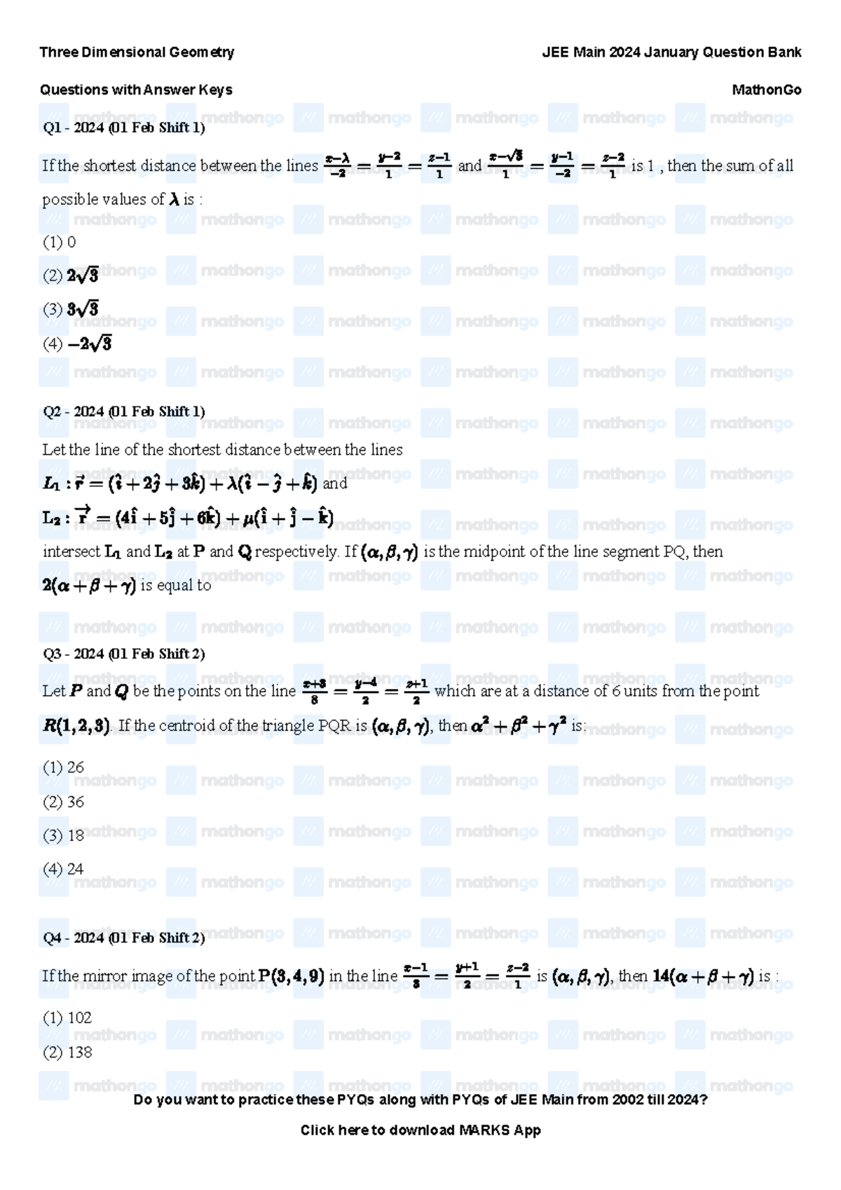 Three Dimensional Geometry - JEE Main 2024 January Question Bank ...