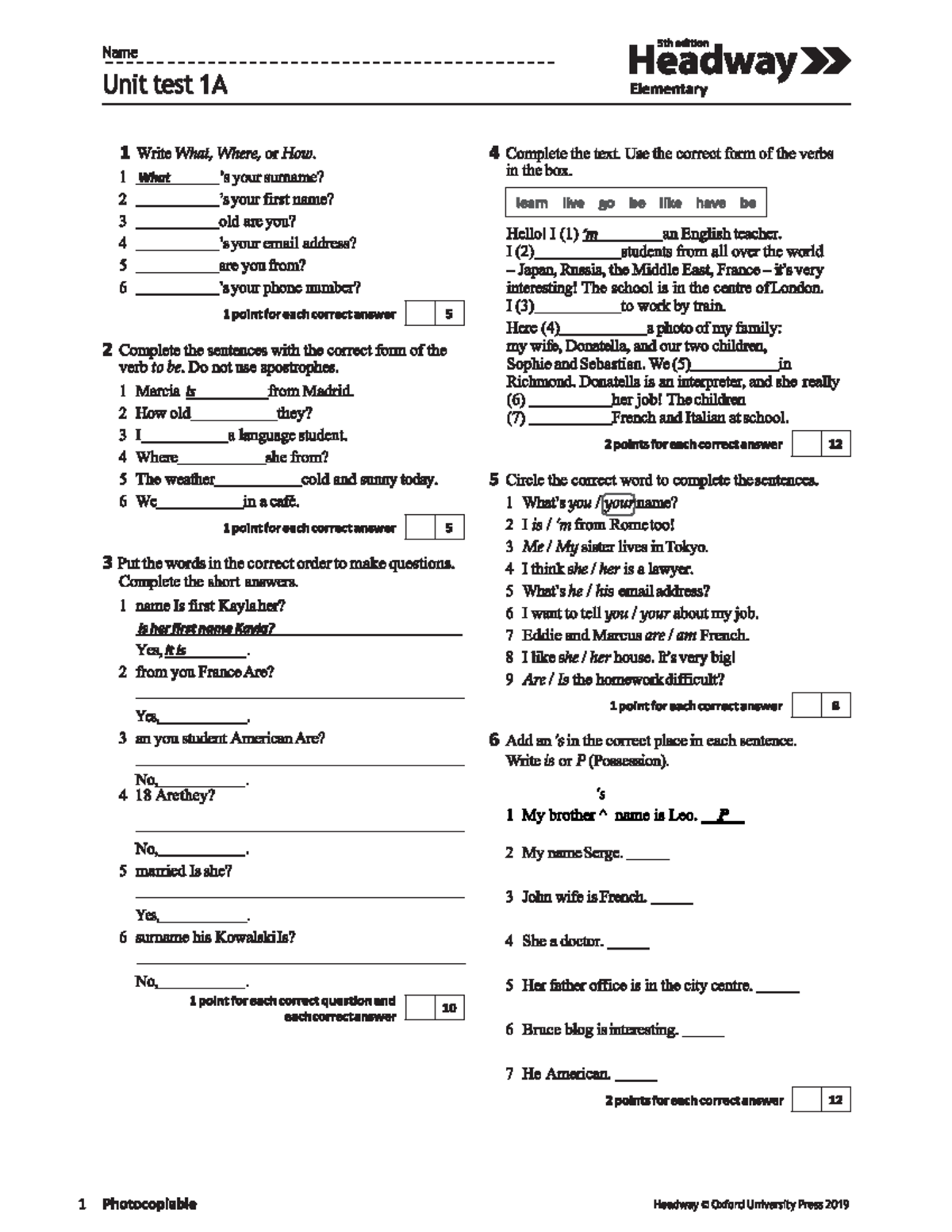 Headway Unit test U1 Elementary - fORMACIÓN sOCIOCULTURAL i - Studocu