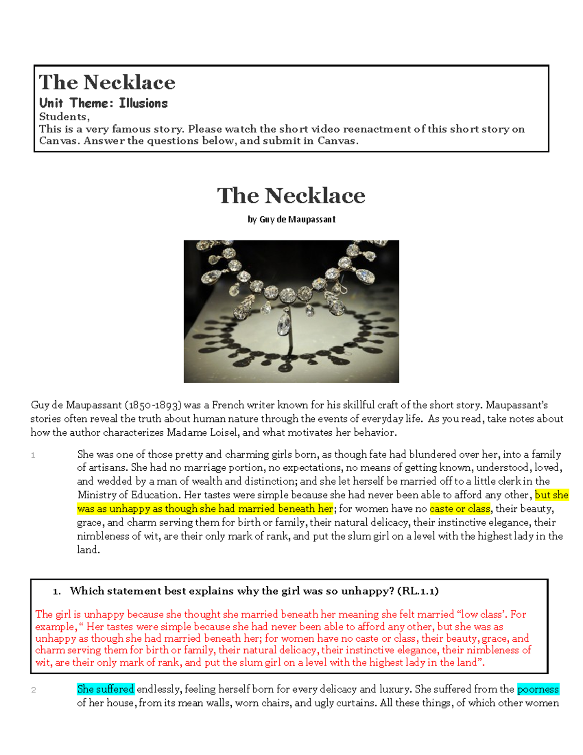 1Copy of The Necklace 4th 9 Weeks Article #1 - The Necklace Unit Theme ...