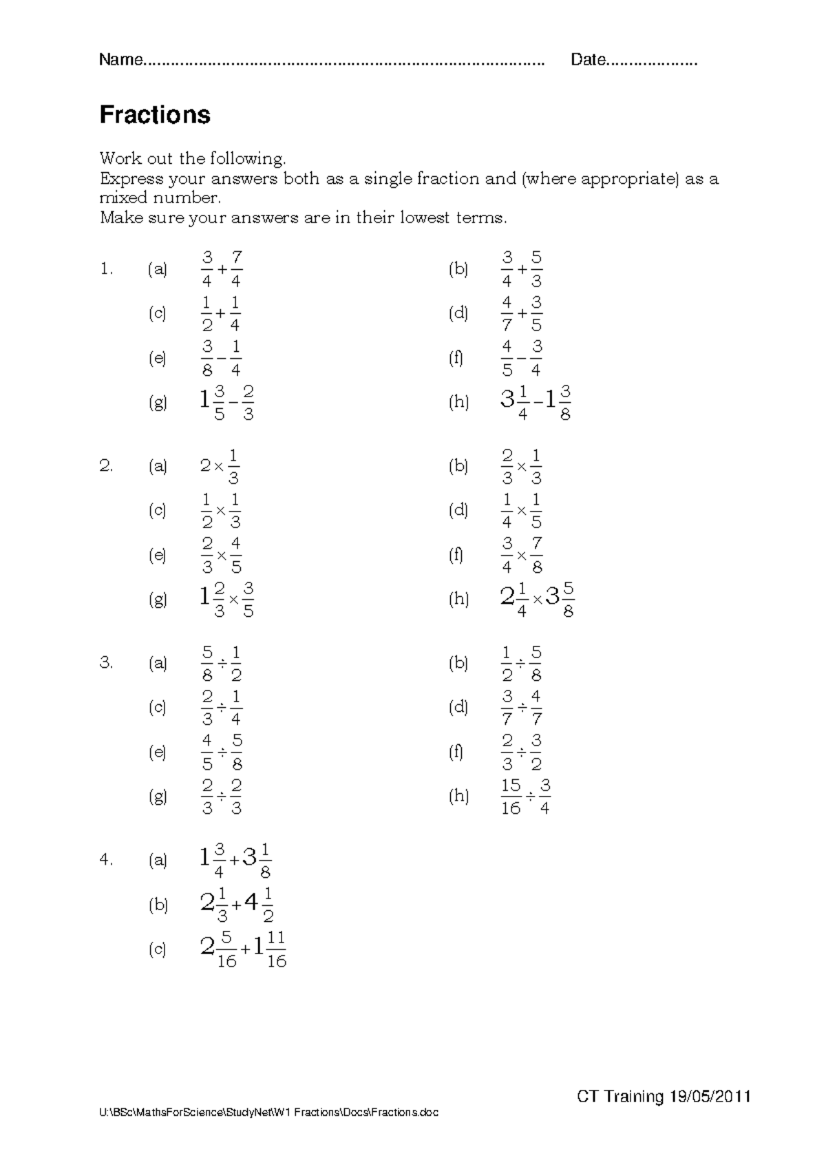 Fractions Practice Worksheet Week One - - Studocu