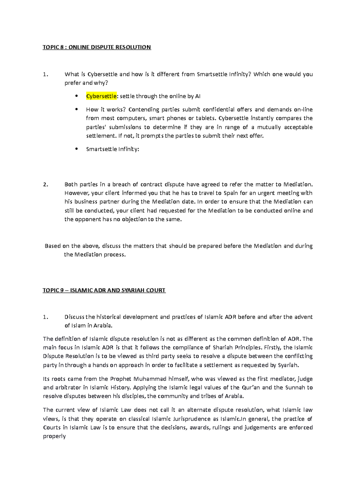 Tutorials 8 and 9 (ADR) - ... - TOPIC 8 : ONLINE DISPUTE RESOLUTION ...