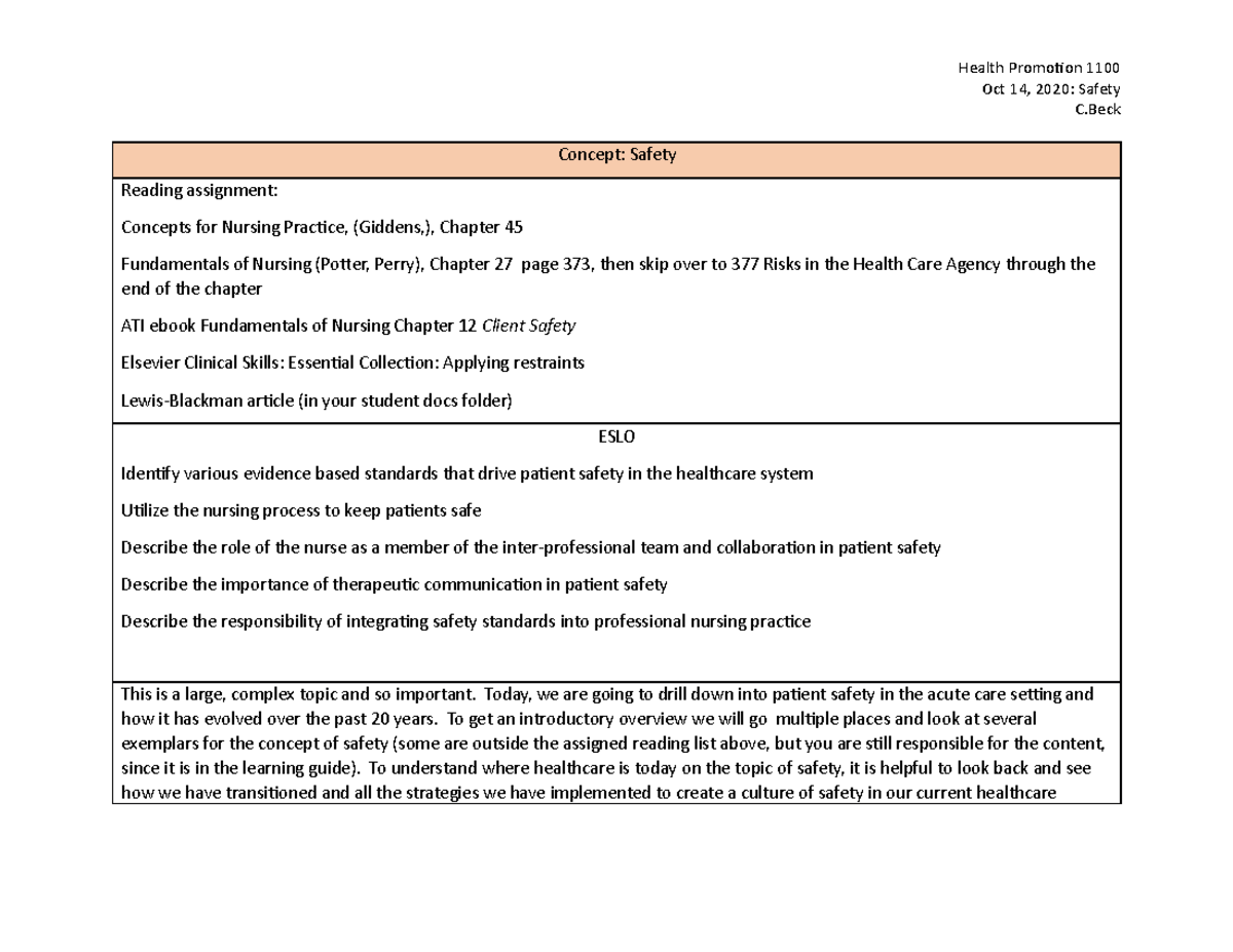 Safety - nursing notes - Oct 14, 2020: Safety C Concept: Safety Reading ...